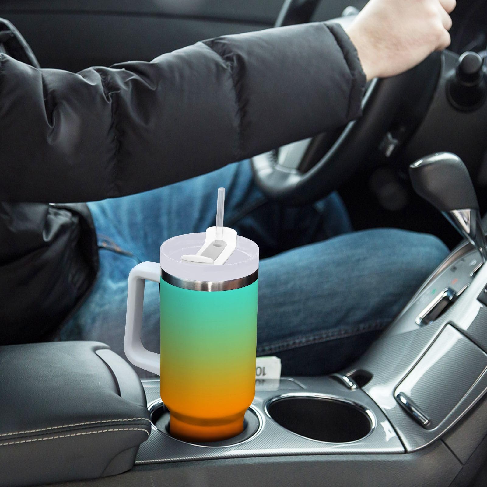 Teal Orange Pink Gradient 40 Oz Travel Tumbler with Straw and Lid Insulated Coffee Cups