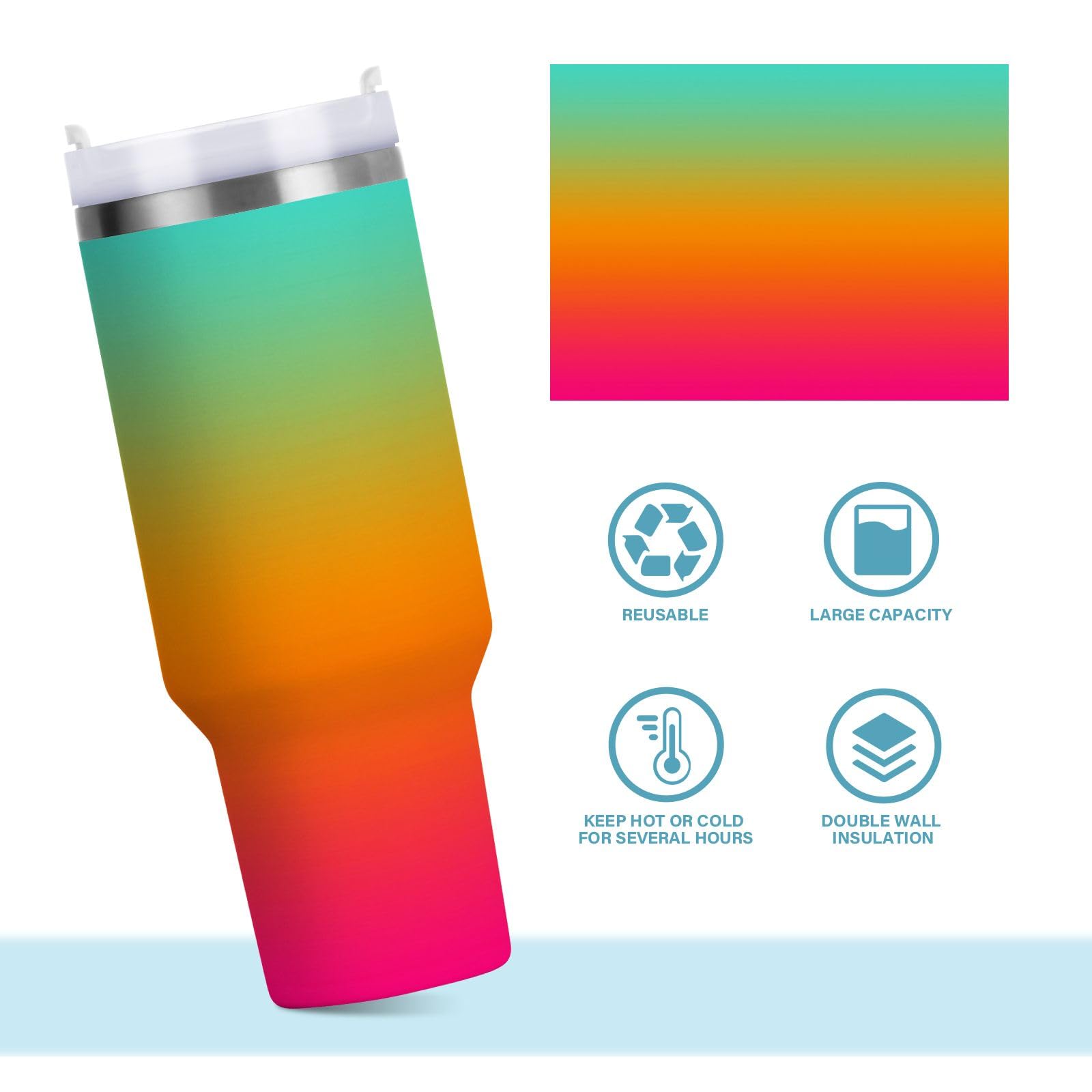 Teal Orange Pink Gradient 40 Oz Travel Tumbler with Straw and Lid Insulated Coffee Cups