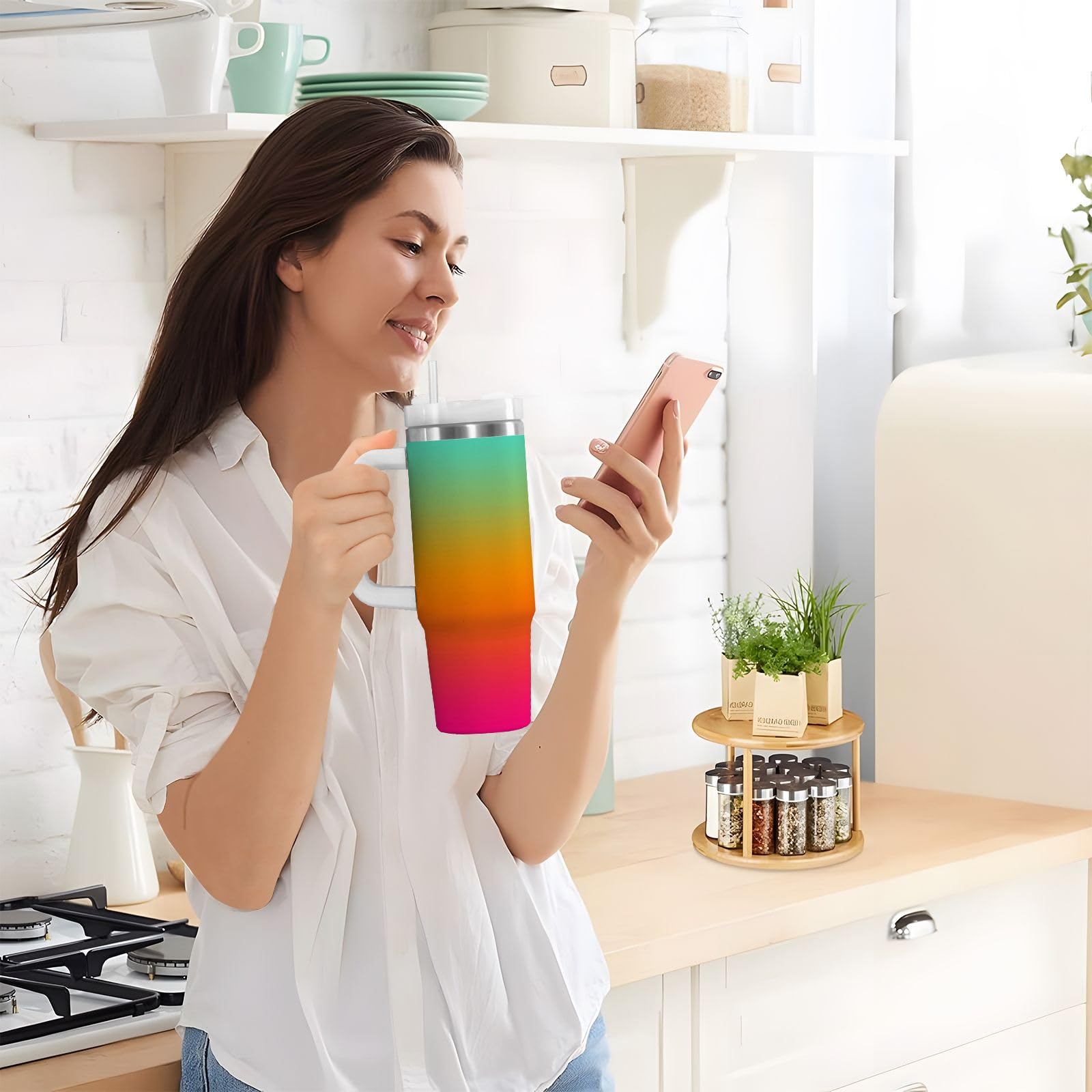 Teal Orange Pink Gradient 40 Oz Travel Tumbler with Straw and Lid Insulated Coffee Cups