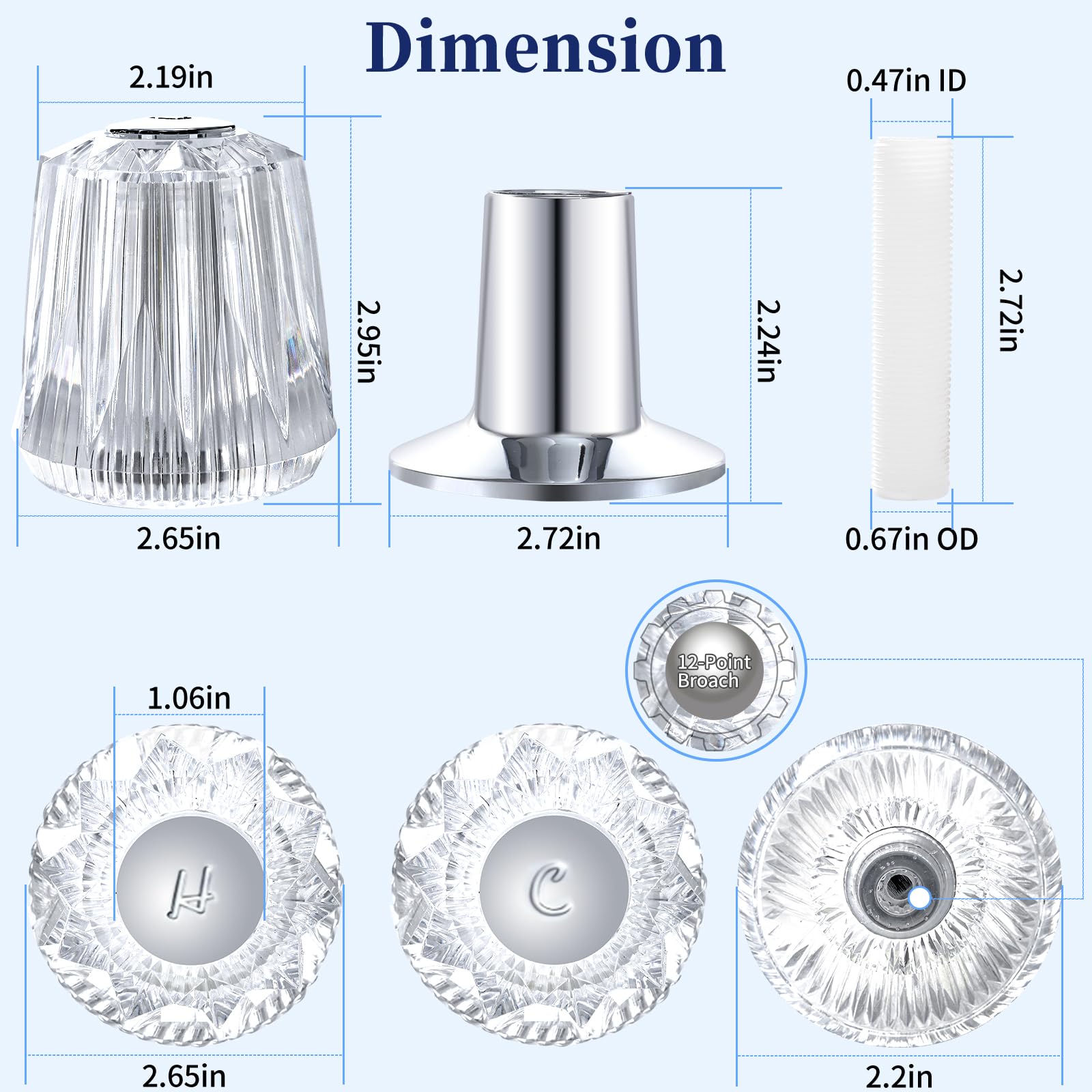 Sel Natural 2 Set Shower Faucet Handle Replacement, Compatible with Price Pfister Contessa and Windsor Tub and Shower Faucets Clear Acrylic Hot and Cold Shower Knob Replacement for Remodeling Trim