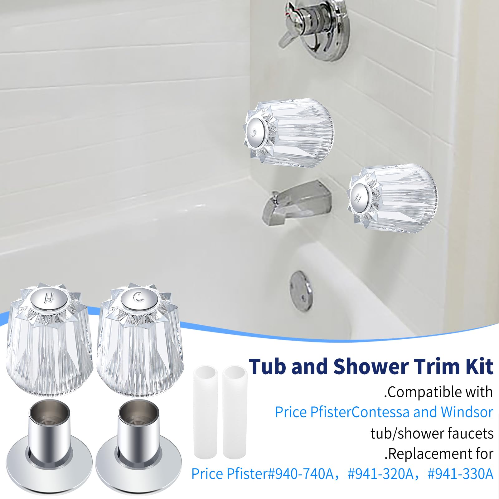 Sel Natural 2 Set Shower Faucet Handle Replacement, Compatible with Price Pfister Contessa and Windsor Tub and Shower Faucets Clear Acrylic Hot and Cold Shower Knob Replacement for Remodeling Trim