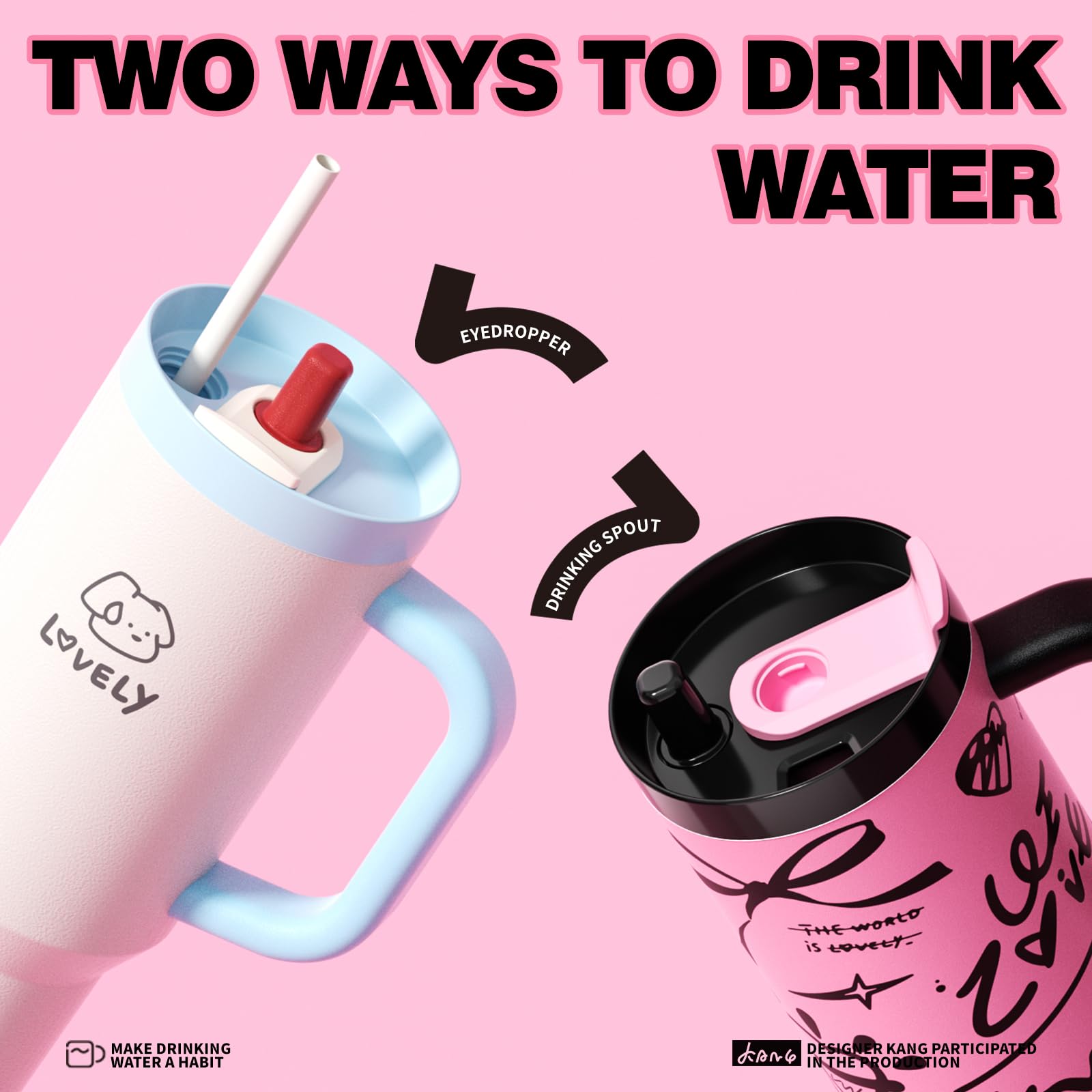John Smith 40 oz Tumbler with Handle and Straw Reusable Stainless Steel Water Bottle Travel Mug Cupholder Friendly Gifts for Women Men Him Her (Pink)