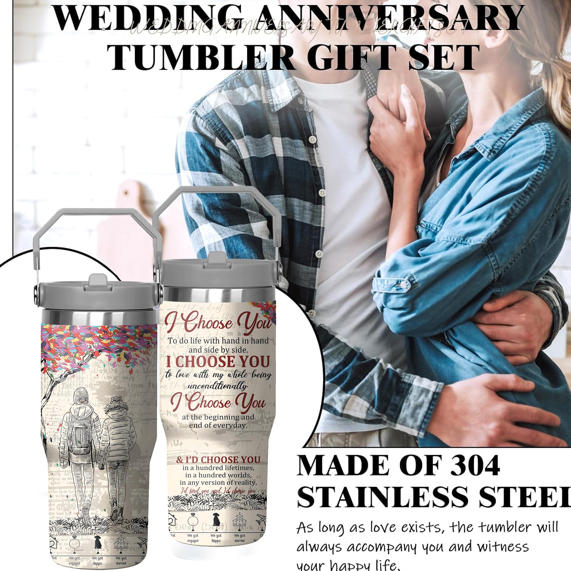 30 Oz Couples Tumbler with Handle and Straw, Anniversary Couple Double Wall Couples Mugs Leak Proof, Couples Engagement Gift Cup for Couples, Valentine Couple Coffee Mugs Engagement Gifts for Couples