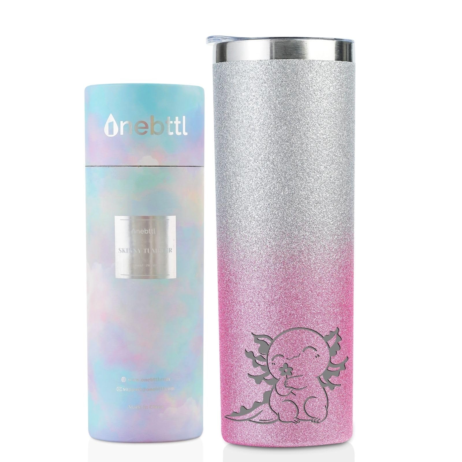 Onebttl Cute Axolotl Gifts for Girls/Women, Axolotl Stuff, Axolotl Water Bottle, Insulated 20 oz Stainless Steel Skinny Tumbler with Straw, Brush, Lid, and Gifts Box, Pink-Silver Gradient Glitter