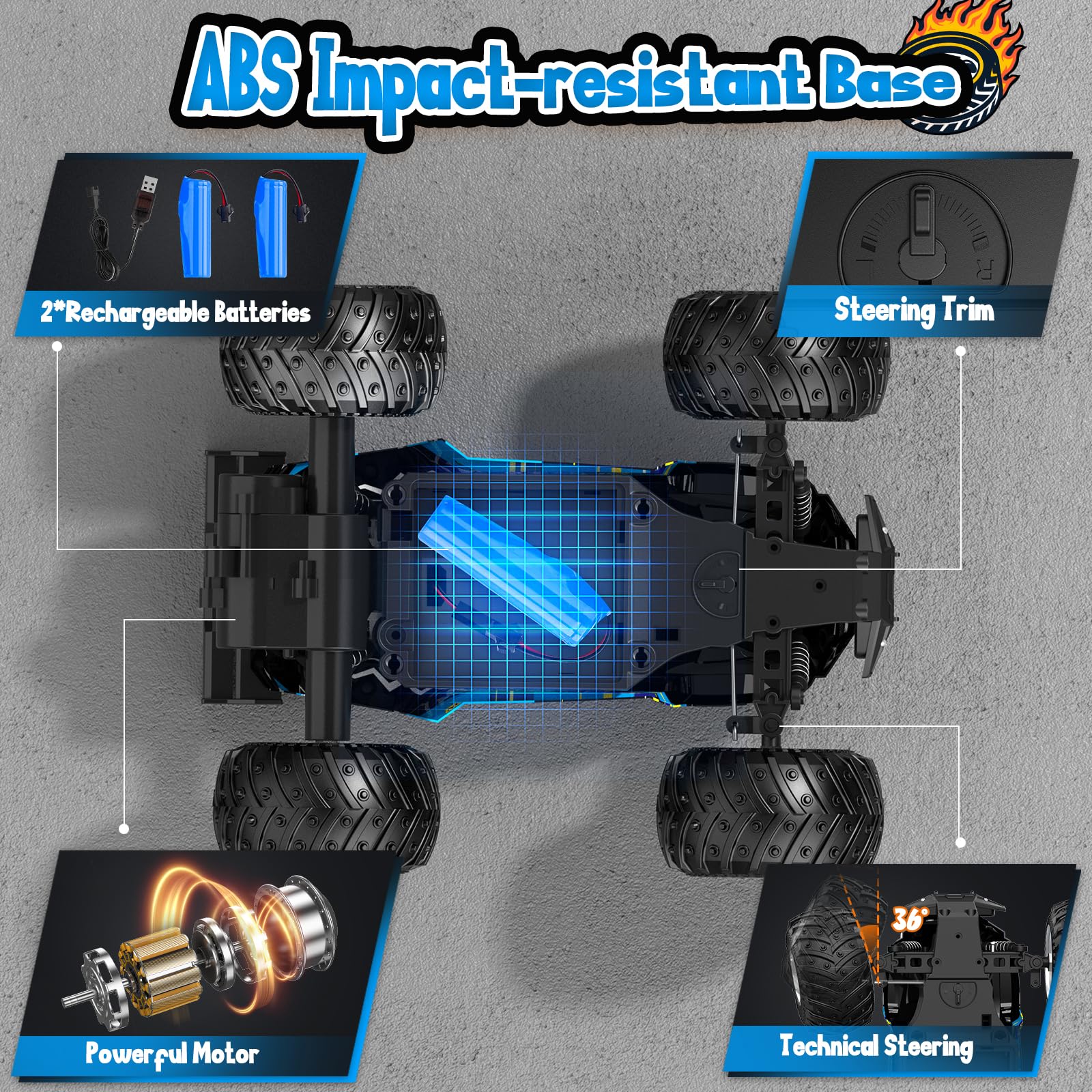 AONEPTR Remote Control Car, All Terrain Remote Control Truck for Boy, 2.4GHz Rc Car with Bodylight and Two Rechargeable Batteries, 20KM/H Monster Truck Toys