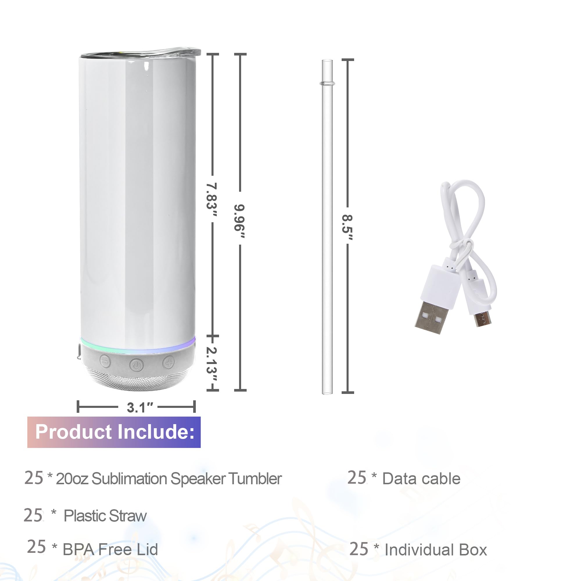 Icesip 25 Pack Music Speaker Tumbler, 20 oz Sublimation Tumbler Skinny Straight Double Wall Music Speaker Cup with Straw Lid & USB Charging Cable Grey