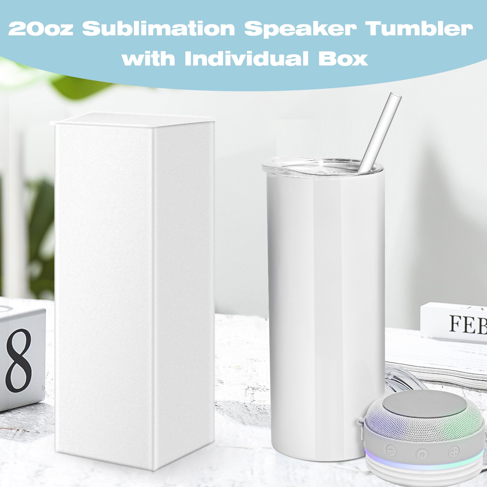 Icesip 25 Pack Music Speaker Tumbler, 20 oz Sublimation Tumbler Skinny Straight Double Wall Music Speaker Cup with Straw Lid & USB Charging Cable Grey