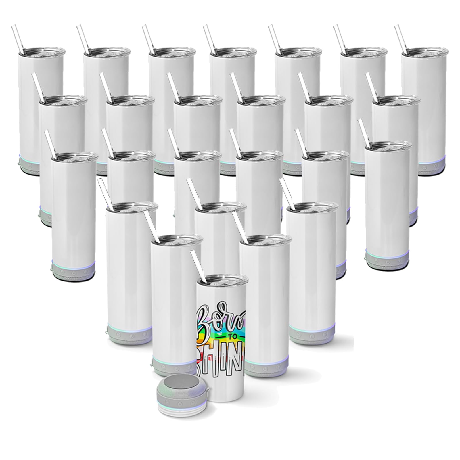 Icesip 25 Pack Music Speaker Tumbler, 20 oz Sublimation Tumbler Skinny Straight Double Wall Music Speaker Cup with Straw Lid & USB Charging Cable Grey