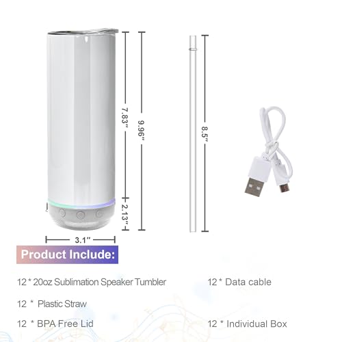 Icesip 12 Pack Music Speaker Tumbler, 20 oz Sublimation Tumbler Skinny Straight Double Wall Cup with Straw Lid & USB Charging Cable 6 Colors