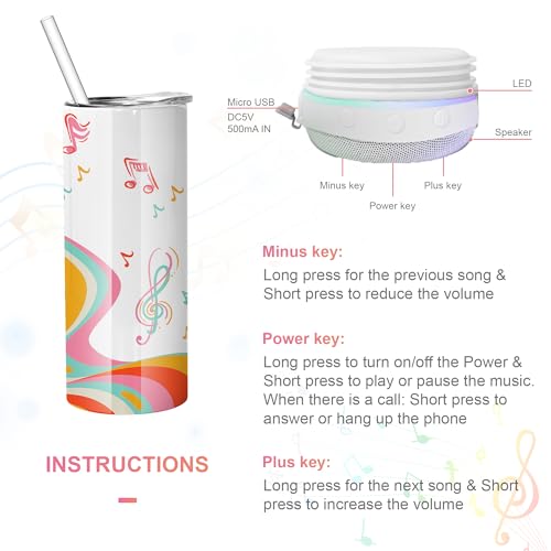 Icesip 12 Pack Music Speaker Tumbler, 20 oz Sublimation Tumbler Skinny Straight Double Wall Cup with Straw Lid & USB Charging Cable 6 Colors