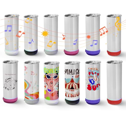 Icesip 12 Pack Music Speaker Tumbler, 20 oz Sublimation Tumbler Skinny Straight Double Wall Cup with Straw Lid & USB Charging Cable 6 Colors