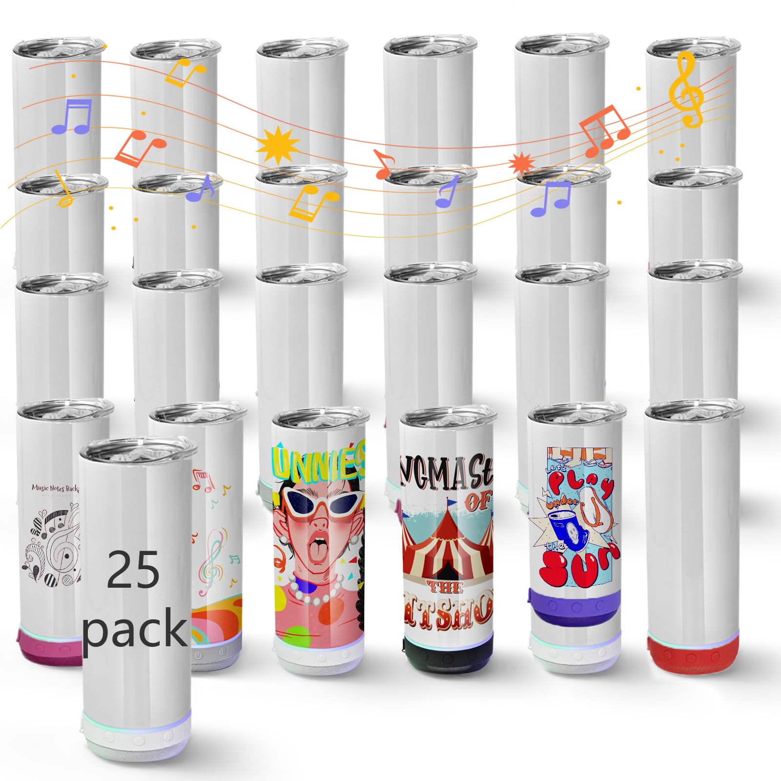Icesip 25 Pack Music Speaker Tumbler, 20 oz Sublimation Tumbler Skinny Straight Double Wall Music Speaker Tumbler Cup with Straw Lid & USB Charging Cable 6 Colors