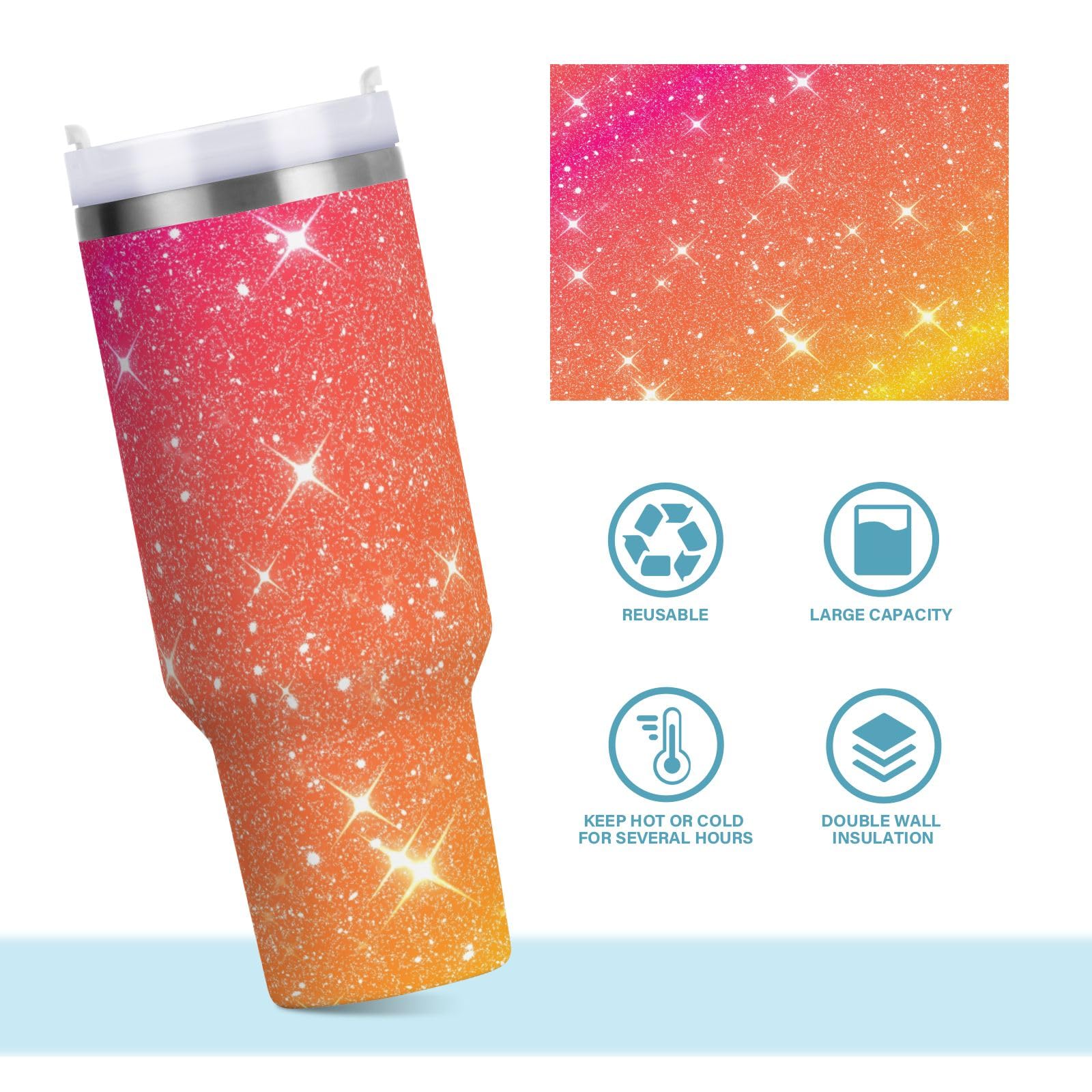 Orange Glitter Insulated Cup with Handle Tumbler Cups Reusable Stainless Steel Tumbler