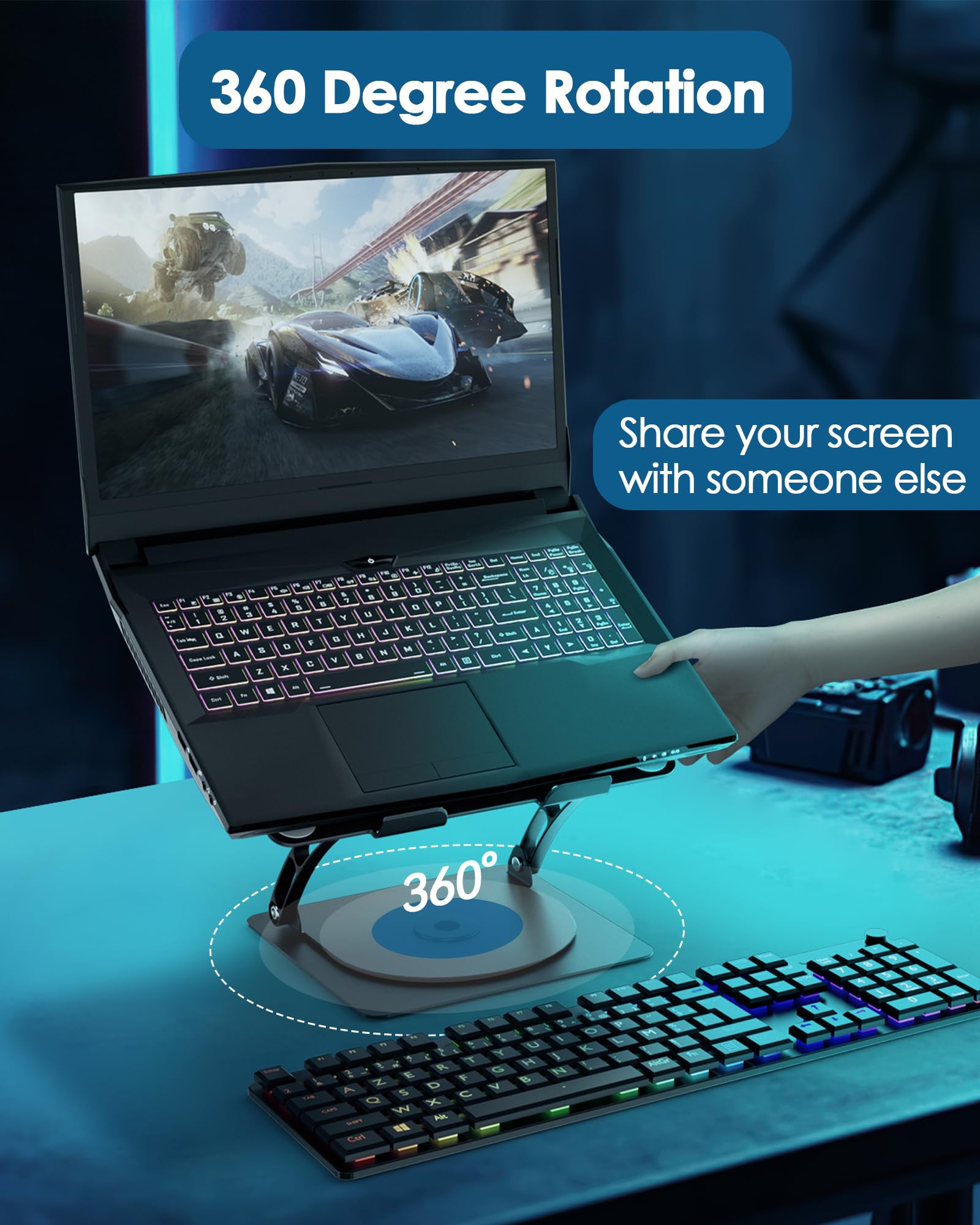 SHUWEI Gaming Laptop Cooling Pad with 360° Rotation Base, Ergonimic Aluminum Laptop Cooling Stand with 3 Speed Fan, Adjustable Height Laptop Cooling Pad for 10-17.3'' Notebook - Black