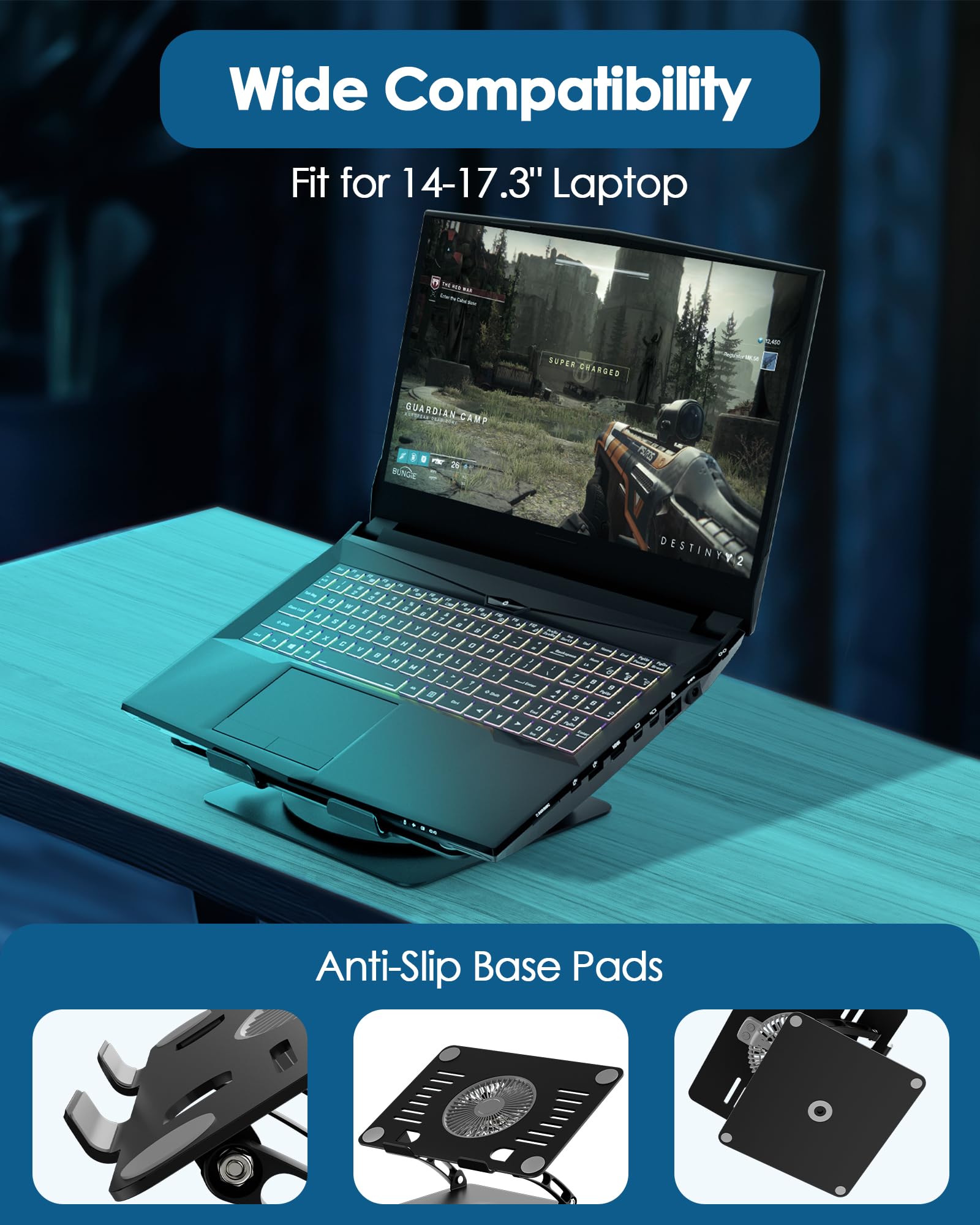 SHUWEI Gaming Laptop Cooling Pad with 360° Rotation Base, Ergonimic Aluminum Laptop Cooling Stand with 3 Speed Fan, Adjustable Height Laptop Cooling Pad for 10-17.3'' Notebook - Black