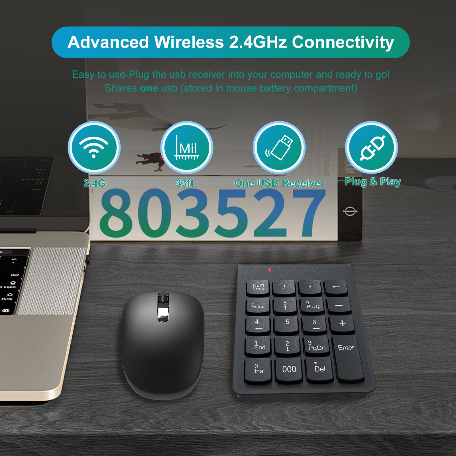 LOONASA Wireless Numeric Keypad, Mini 2.4G 19 Keys Number Pad and Mouse with Batteries, Upgraded Version of 10 Key USB Keypad Portable Silent Extensions Keyboard for Laptop, PC, Desktop, Notebook