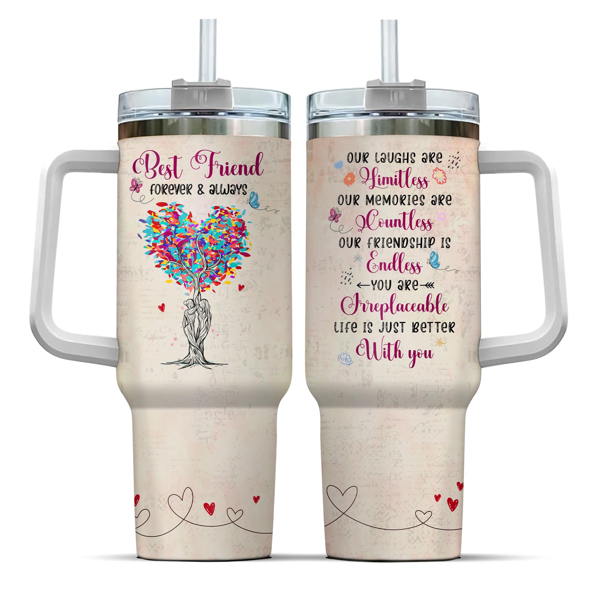 99WHALE Tumbler 40 Oz With Handle Lid And Straw, Butterfly Funny Handle For Steel Stainless Coffee Women Yellow Heart Tumblers Cups Friends, Best Friend Tree Colorful
