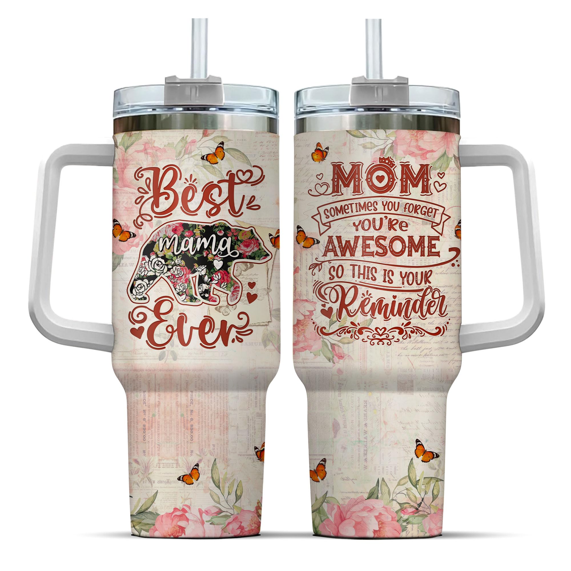 Mama Bear Floral Inspiration, Tumbler 40 Oz With Handle Lid And Straw, Mama Bear Gifts, Mom Flower Cups To Funny Yellow For Eleven Water Steel Handle Straws Modern