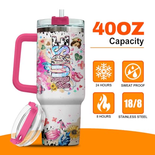 99WHALE Coffee Straws Student Practitioner Cup Er Cups Leopard Travel Women Nurses Print For, Nurse Gifts, Tumbler 40 Oz With Handle Lid And Straw, Nurse Rainbow Collaboration