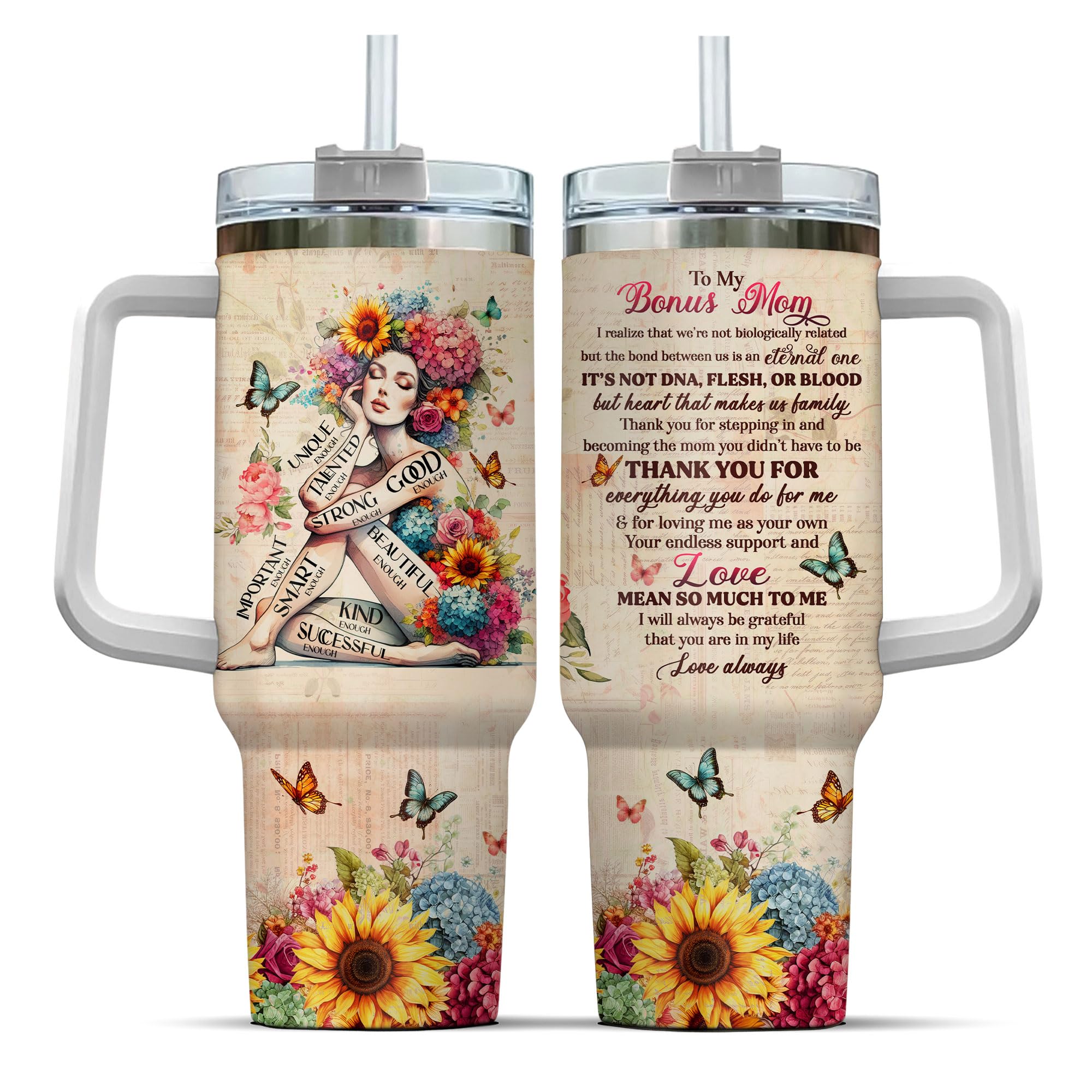 99WHALE Tumbler 40 Oz With Handle Lid And Straw, Bonus Mom Gifts, Bonus Mom Girl Mental Flowers, Simple Coffee Eleven Floral Modern Straws Royal Mother Be Best Purple To Butterfly