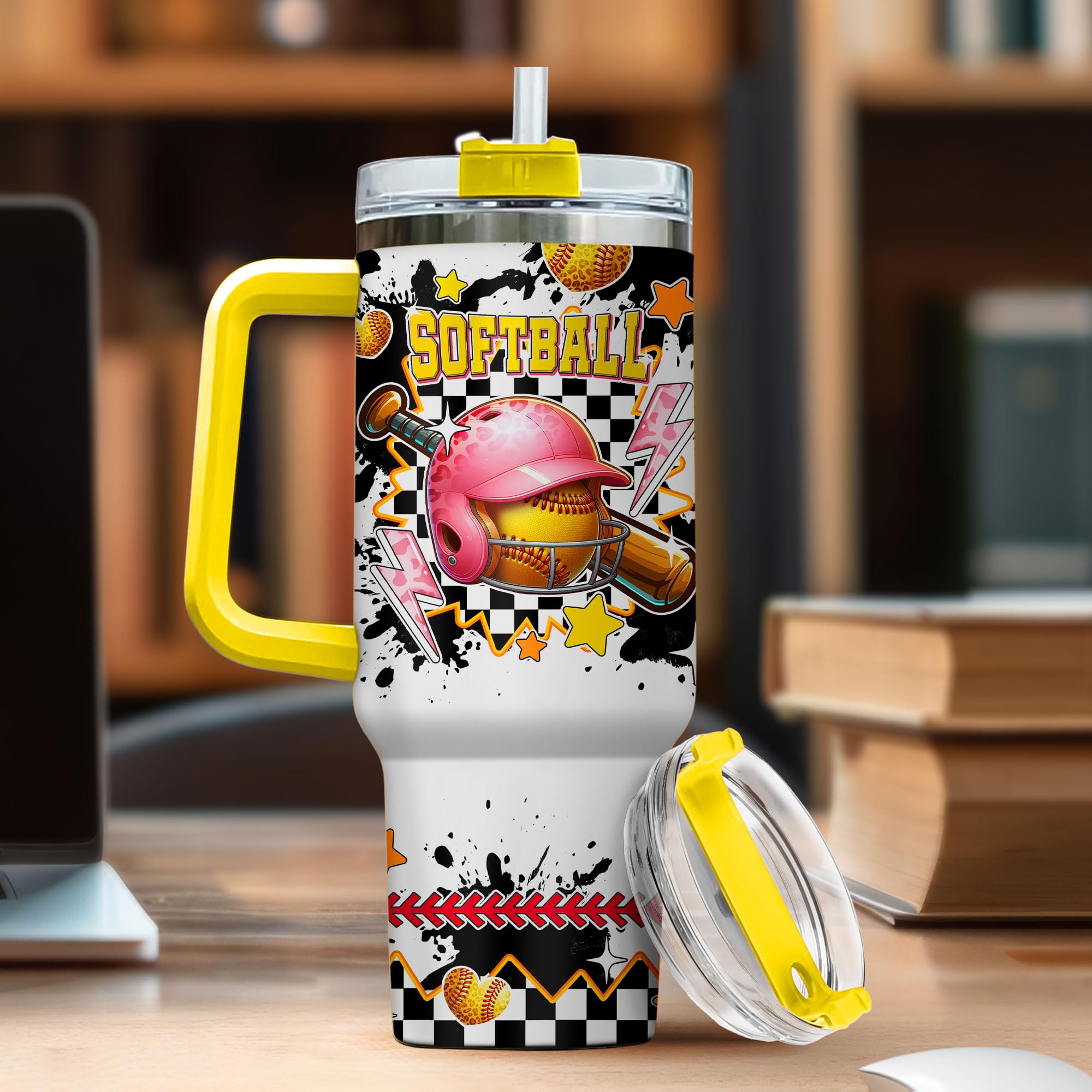 99OWL Green Water Yellow Black Handle Simply Straws Modern Simple Checkered White Tumblers, Softball Gifts, Softball Mom Checked, Tumbler 40 Oz With Handle Lid And Straw