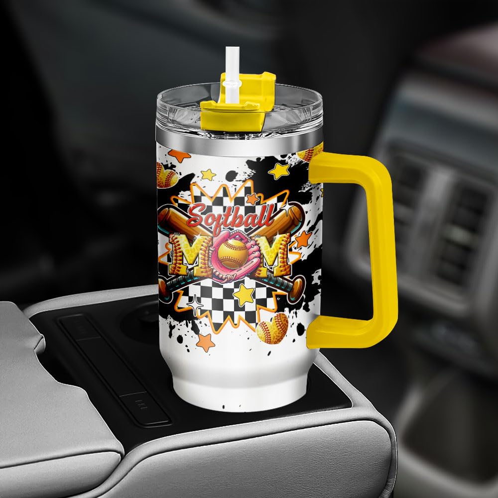 99OWL Green Water Yellow Black Handle Simply Straws Modern Simple Checkered White Tumblers, Softball Gifts, Softball Mom Checked, Tumbler 40 Oz With Handle Lid And Straw
