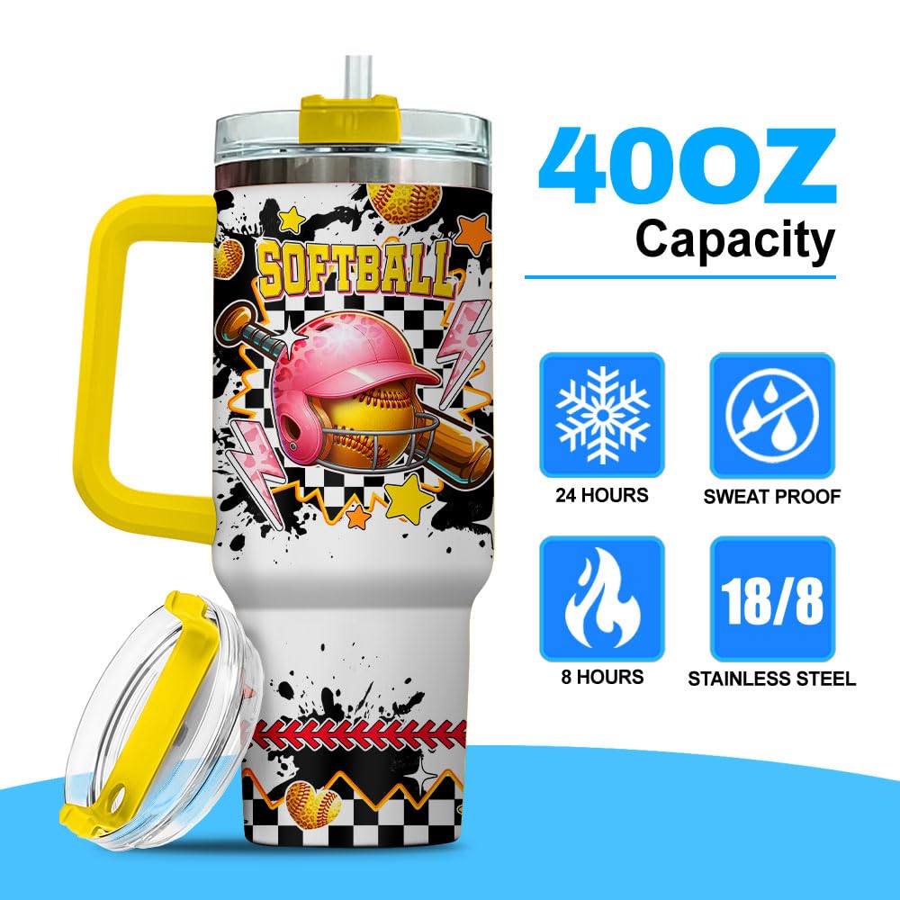 99OWL Green Water Yellow Black Handle Simply Straws Modern Simple Checkered White Tumblers, Softball Gifts, Softball Mom Checked, Tumbler 40 Oz With Handle Lid And Straw