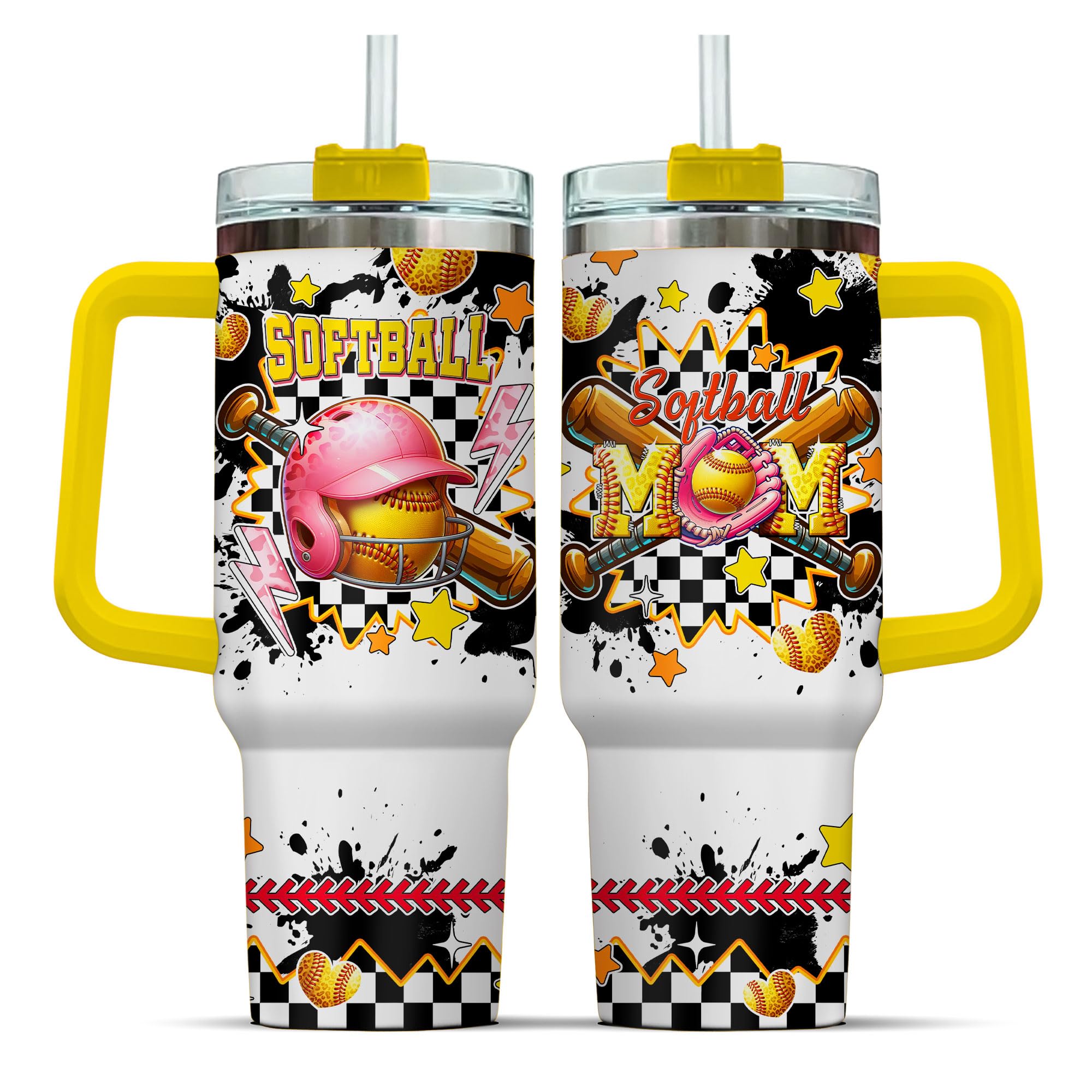 99OWL Green Water Yellow Black Handle Simply Straws Modern Simple Checkered White Tumblers, Softball Gifts, Softball Mom Checked, Tumbler 40 Oz With Handle Lid And Straw