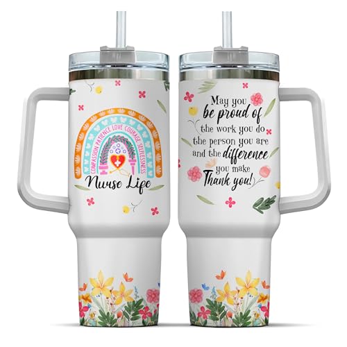 99OWL Nurse Gifts, Tumbler 40 Oz With Handle Lid And Straw, Nurse Rainbow Color, Engraved Nursing Cups Straws Funny Cup Nurses Tumblers Flower Handle Student Travel Coffee Week Er