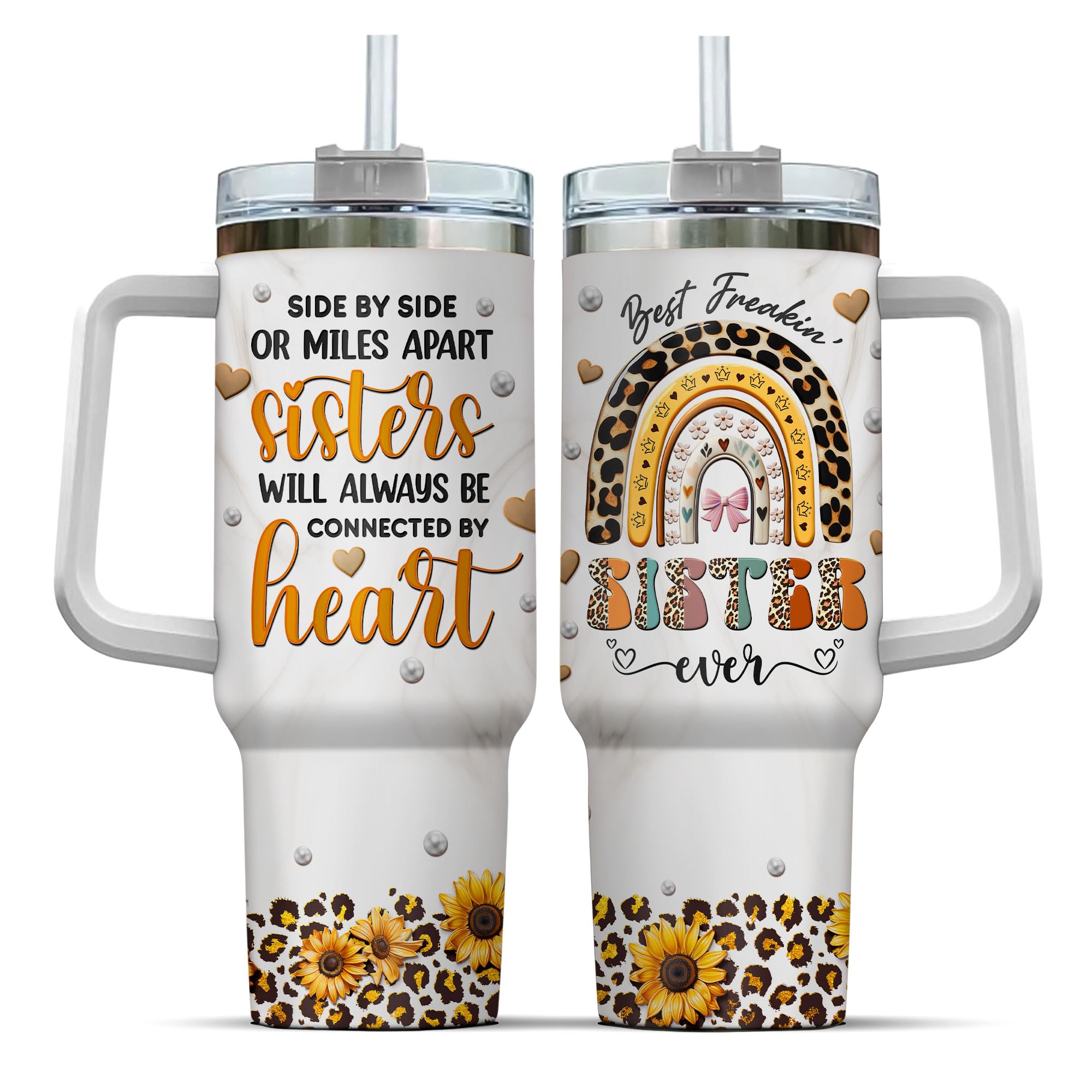 99OWL Sister Rainbow Sunflower Leopard, Tumbler 40 Oz With Handle Lid And Straw, Sister Gifts, Print Funny Tumblers Black Women From Sisters Cups Handle For Heart Little Coffee