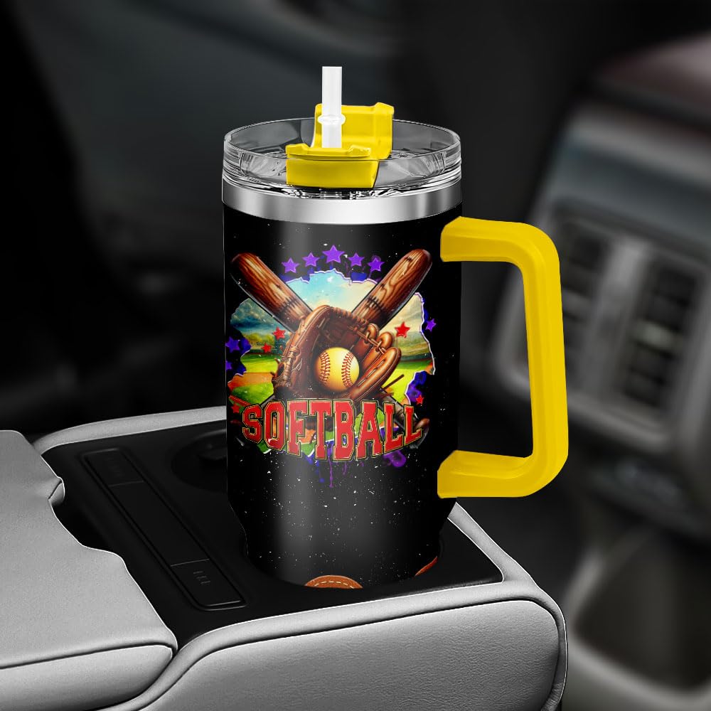 99OWL Softball Eat Sleep Repeat, Tumblers Yellow Modern Glitter Simple Red Handle Black Insulated Straws, Tumbler 40 Oz With Handle Lid And Straw, Softball Gifts