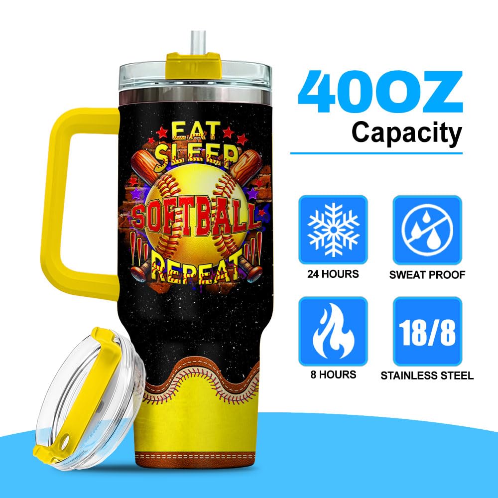 99OWL Softball Eat Sleep Repeat, Tumblers Yellow Modern Glitter Simple Red Handle Black Insulated Straws, Tumbler 40 Oz With Handle Lid And Straw, Softball Gifts