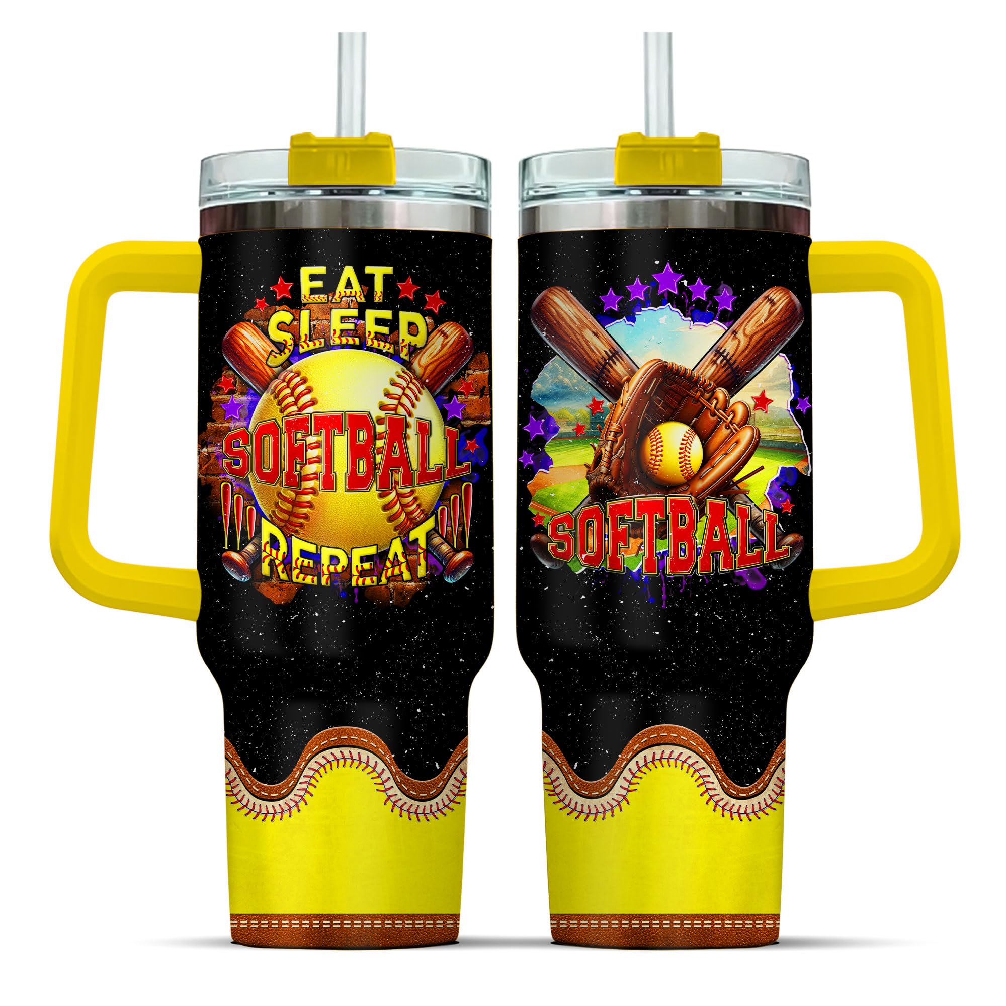 99OWL Softball Eat Sleep Repeat, Tumblers Yellow Modern Glitter Simple Red Handle Black Insulated Straws, Tumbler 40 Oz With Handle Lid And Straw, Softball Gifts