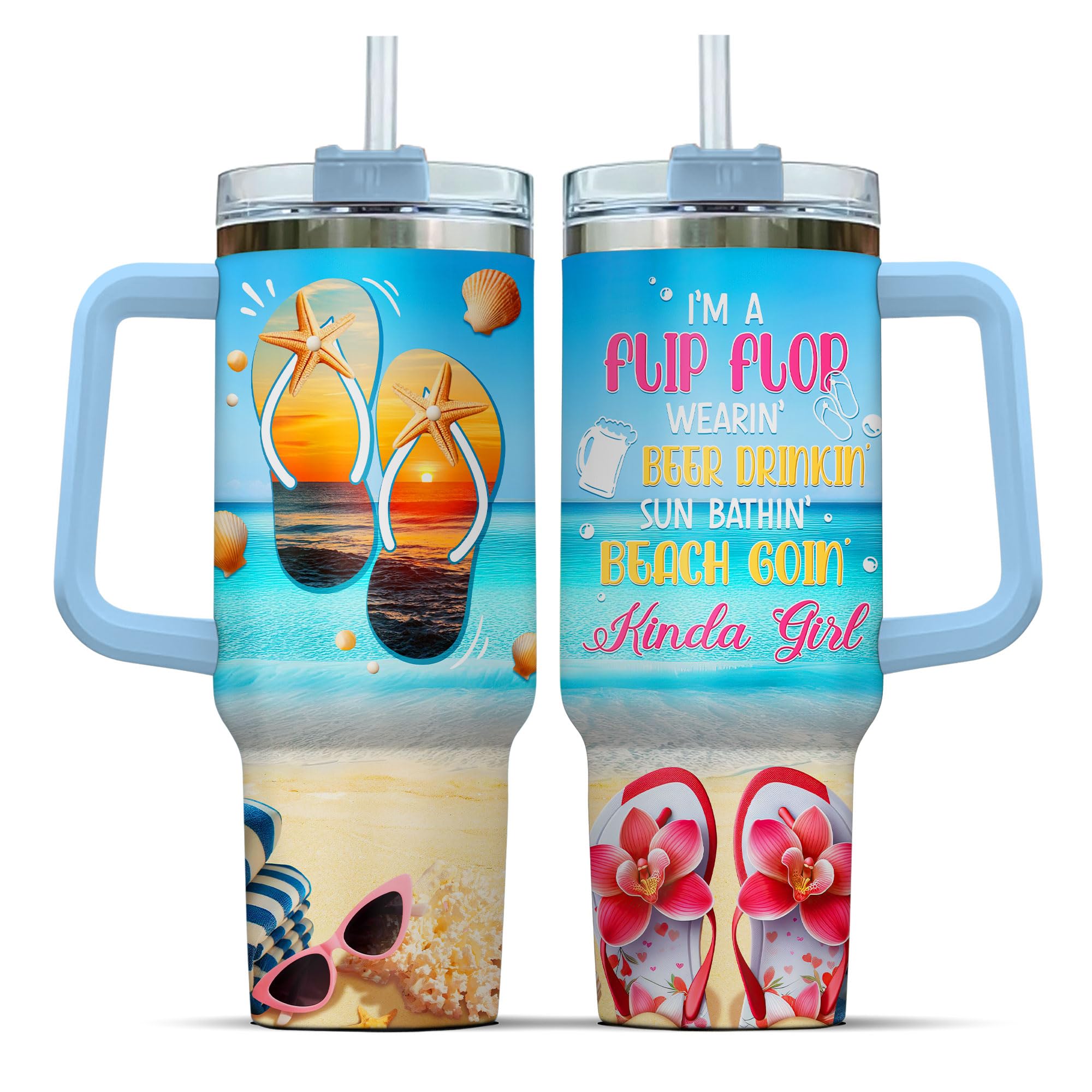99WHALE Coffee Yellow Blue Women Tumblers Quartz Light Simple Steel Hot Navy Myrtle Royal, Beach Gifts, Tumbler 40 Oz With Handle Lid And Straw, Kinda Girl Beach Sunshine
