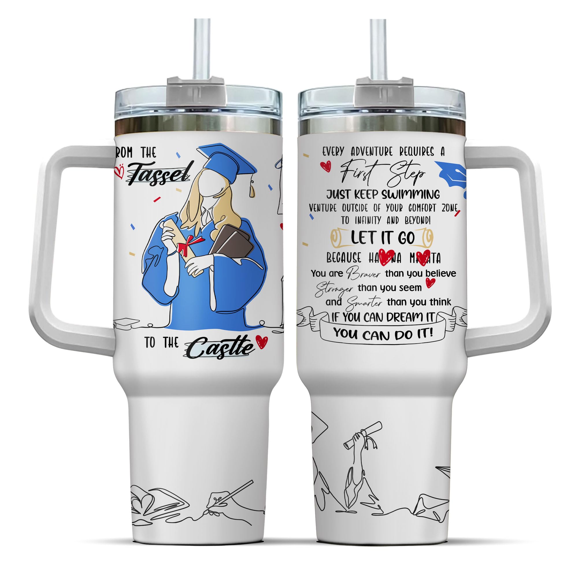 99OWL Graduation Girl Adventure, Tumbler 40 Oz With Handle Lid And Straw, Graduation Gifts, White Light Class Of Purple Handle Gold Tumblers Royal Navy Rose Blue Heart