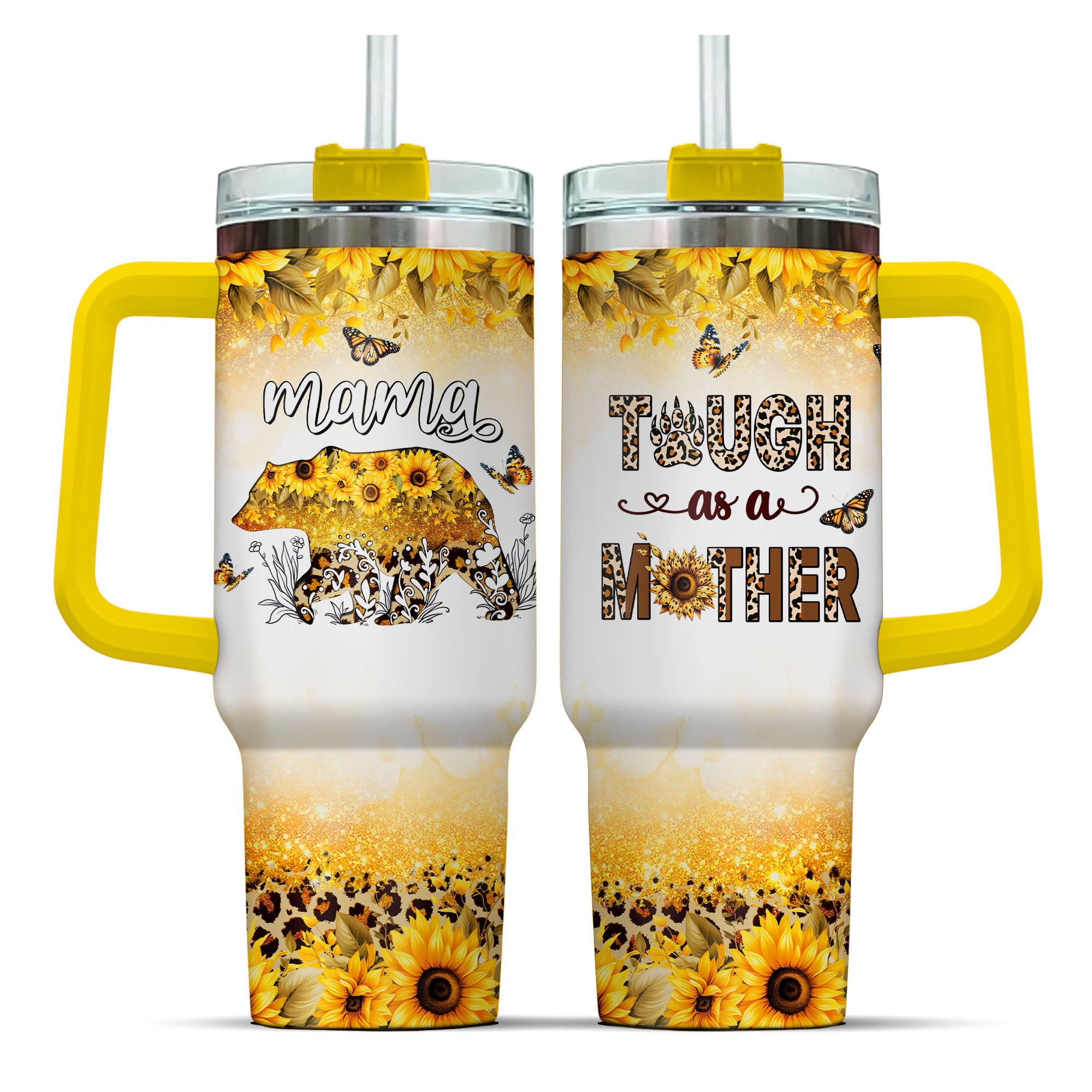 Women Yellow Stainless Coffee Momma Cups Black Butterfly Handle Glitter Steel Print For, Mama Bear Gifts, Tumbler 40 Oz With Handle Lid And Straw, Mama Bear Sunflower Leopard