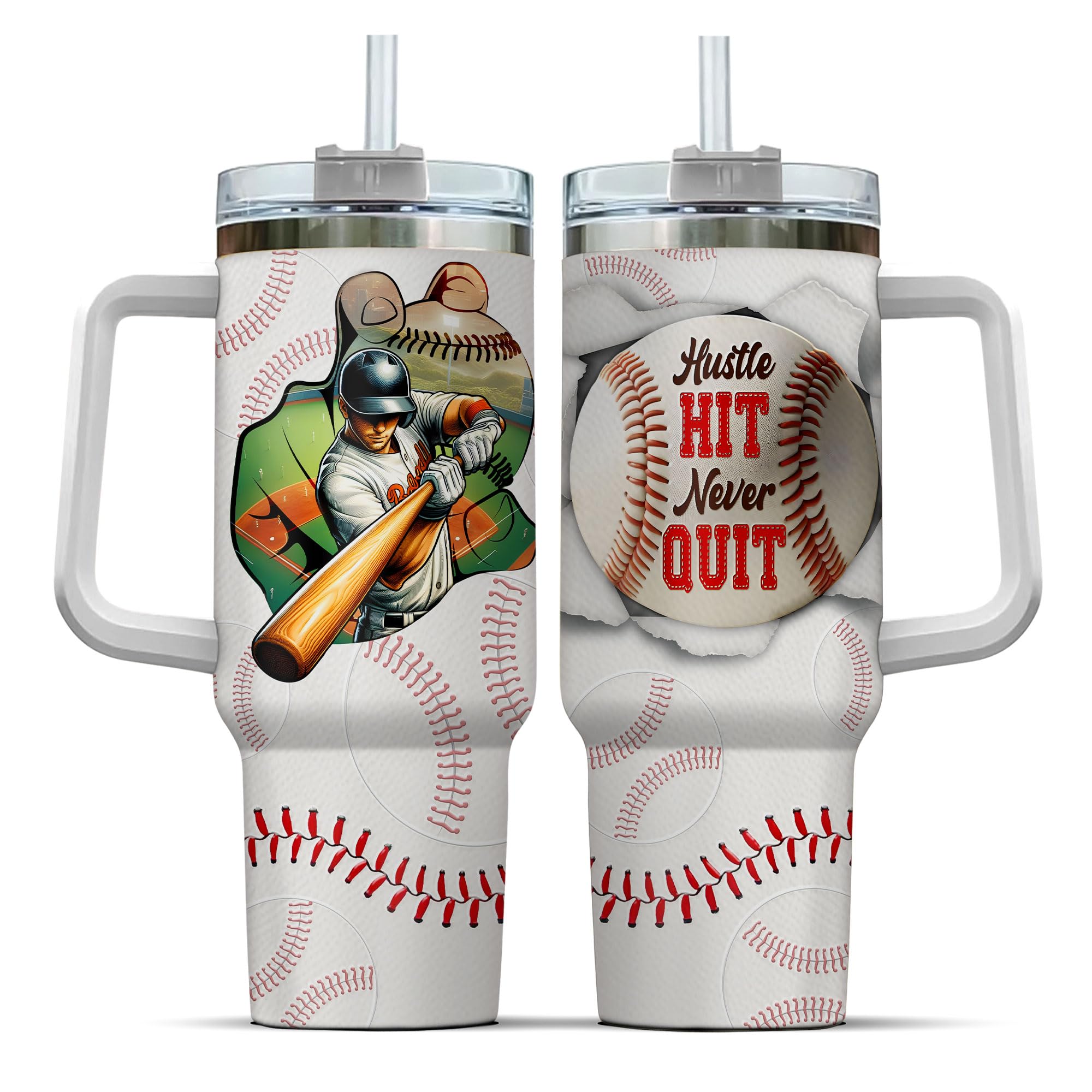 99WHALE Baseball Hustle Hit, Simple Life Women Tumblers White Handle Modern Insulated Swig Cup Red Boys Men For, Baseball Gifts, Tumbler 40 Oz With Handle Lid And Straw
