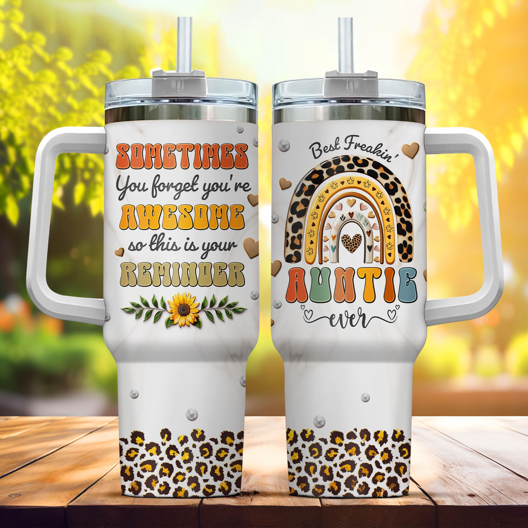 99WHALE Tumbler 40 Oz With Handle Lid And Straw, Auntie Rainbow Leopard, Rainbow Travel Coffee Mug Cup, Aunt Gifts, Cups For Black Gift Daisy Print Ever Handle Coffee Best Heart