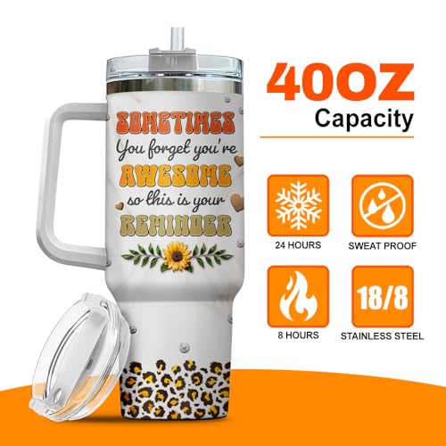 99WHALE Tumbler 40 Oz With Handle Lid And Straw, Auntie Rainbow Leopard, Rainbow Travel Coffee Mug Cup, Aunt Gifts, Cups For Black Gift Daisy Print Ever Handle Coffee Best Heart