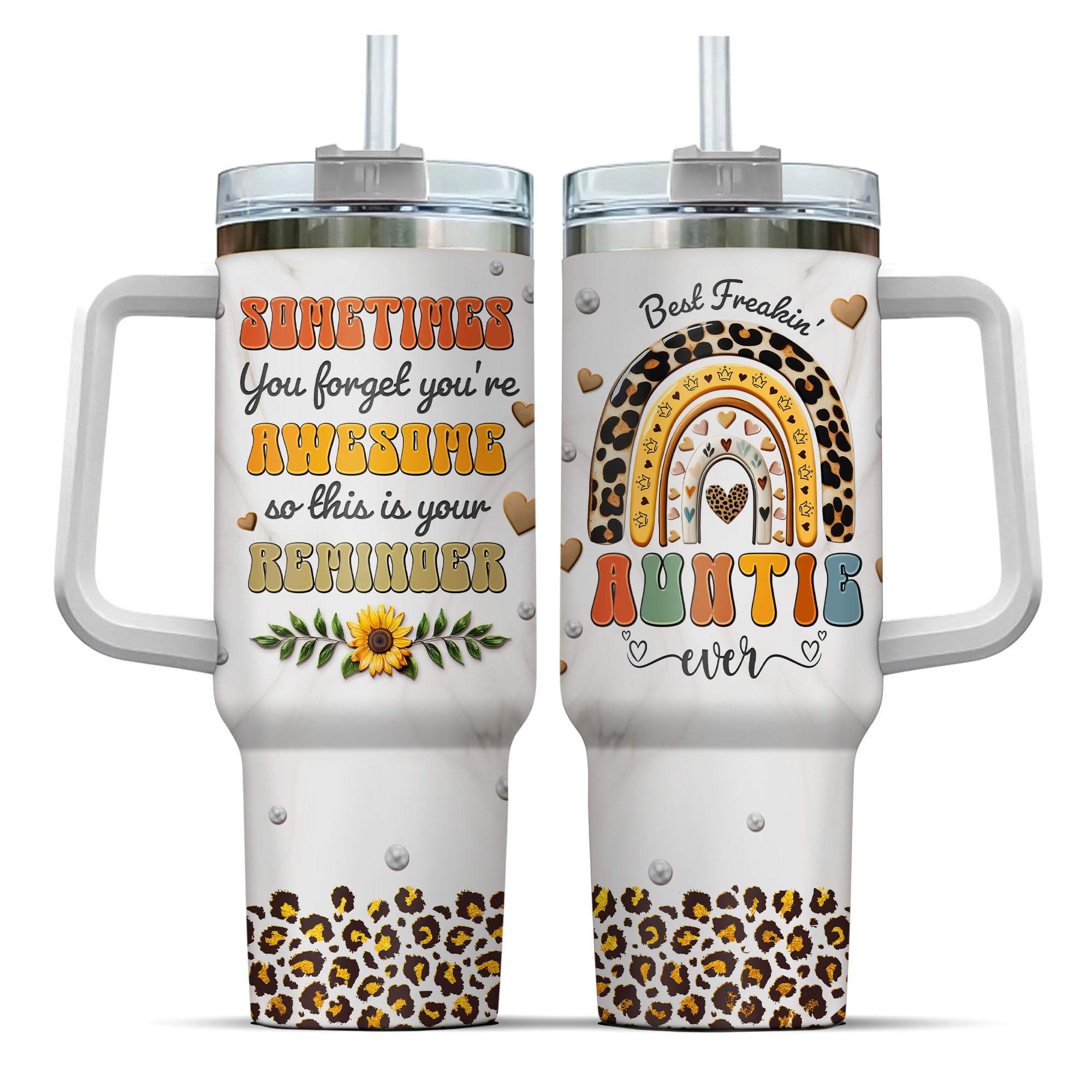 99WHALE Tumbler 40 Oz With Handle Lid And Straw, Auntie Rainbow Leopard, Rainbow Travel Coffee Mug Cup, Aunt Gifts, Cups For Black Gift Daisy Print Ever Handle Coffee Best Heart