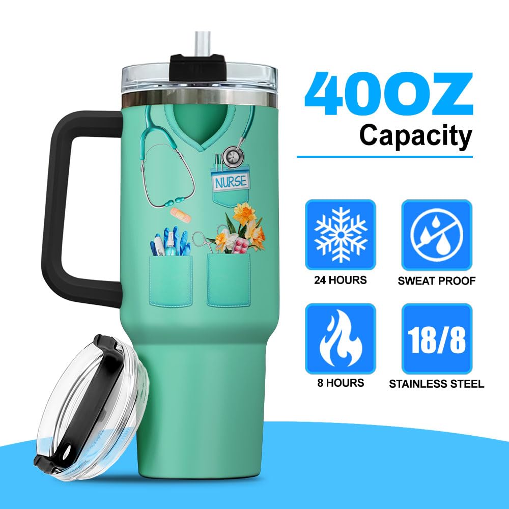99OWL Cups Blue Light Er Engraved Straws Student Navy School Handle Funny Nursing, Nurse Gifts, Tumbler 40 Oz With Handle Lid And Straw, Nurse Life Shirt Pattern Nutrition Facts