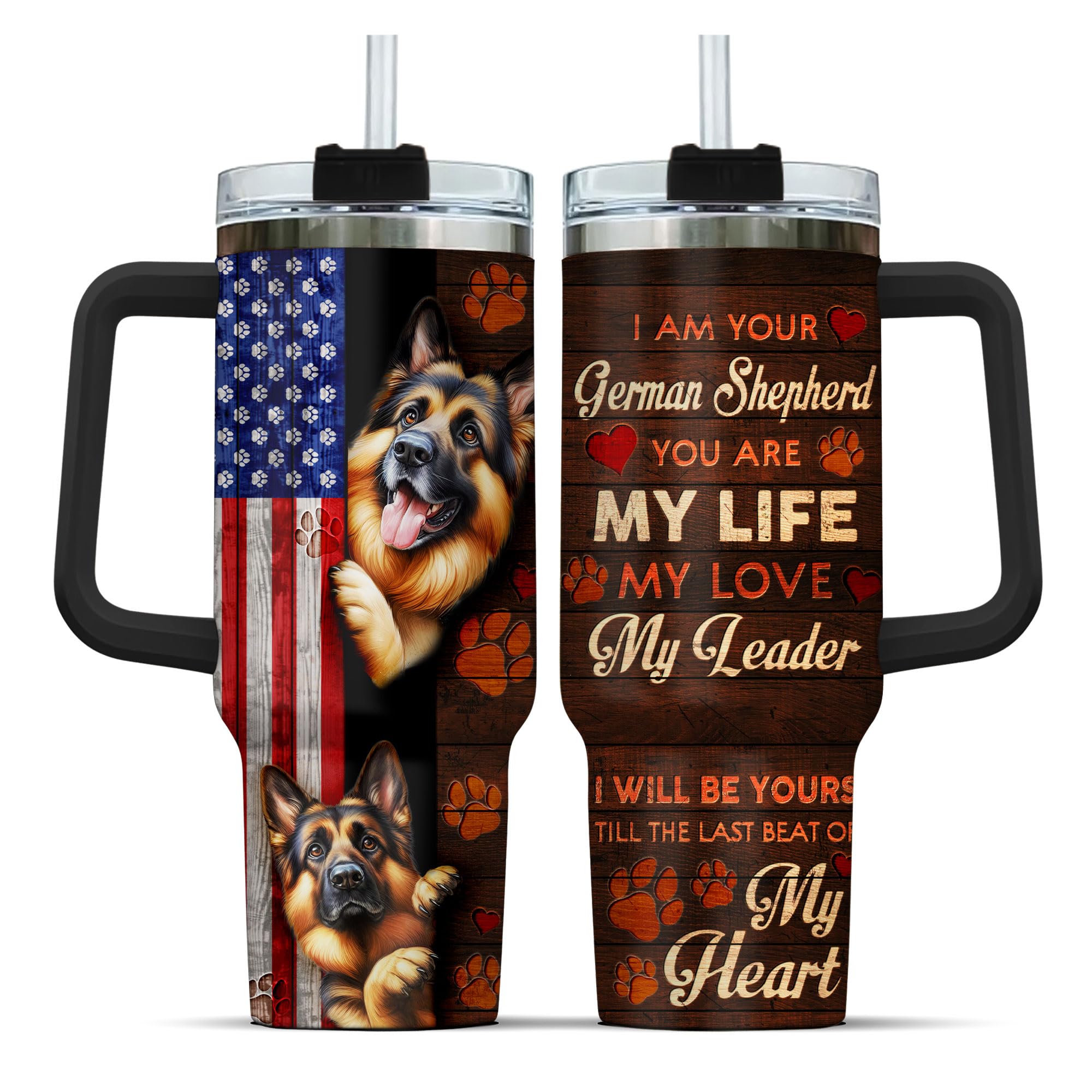 99OWL Patriotic Brown Engraved Best Funny For Adults Women Coffee Cups Cute Worlds Handle, Dog Mom Gifts, Tumbler 40 Oz With Handle Lid And Straw, German Shepherd American
