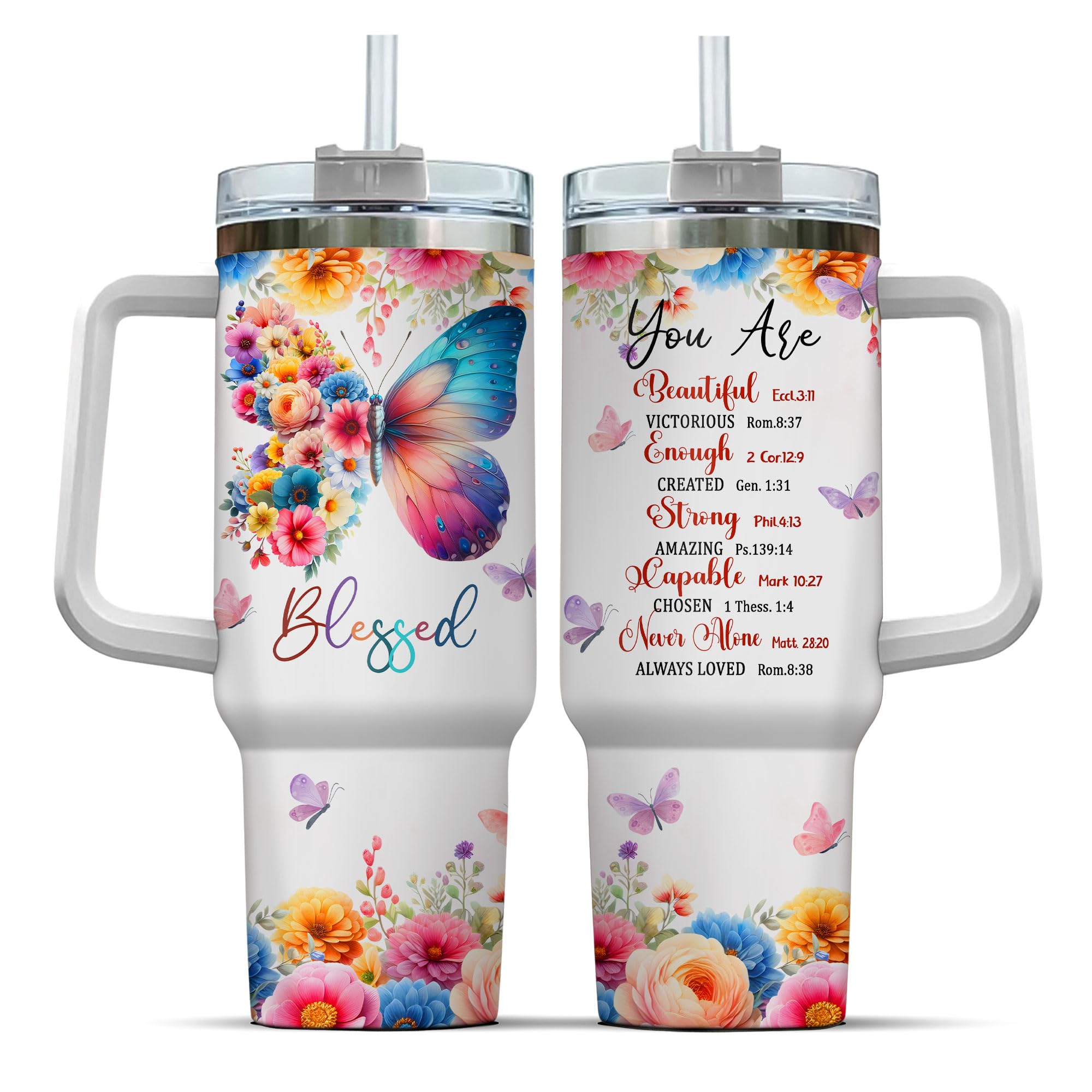99WHALE Insulated Handle Steel Floral Yellow Stainless Quartz Coffee Hot Modern Rose Red Camelia, Christian Gifts, Tumbler 40 Oz With Handle Lid And Straw, Butterfly Blessed Faith