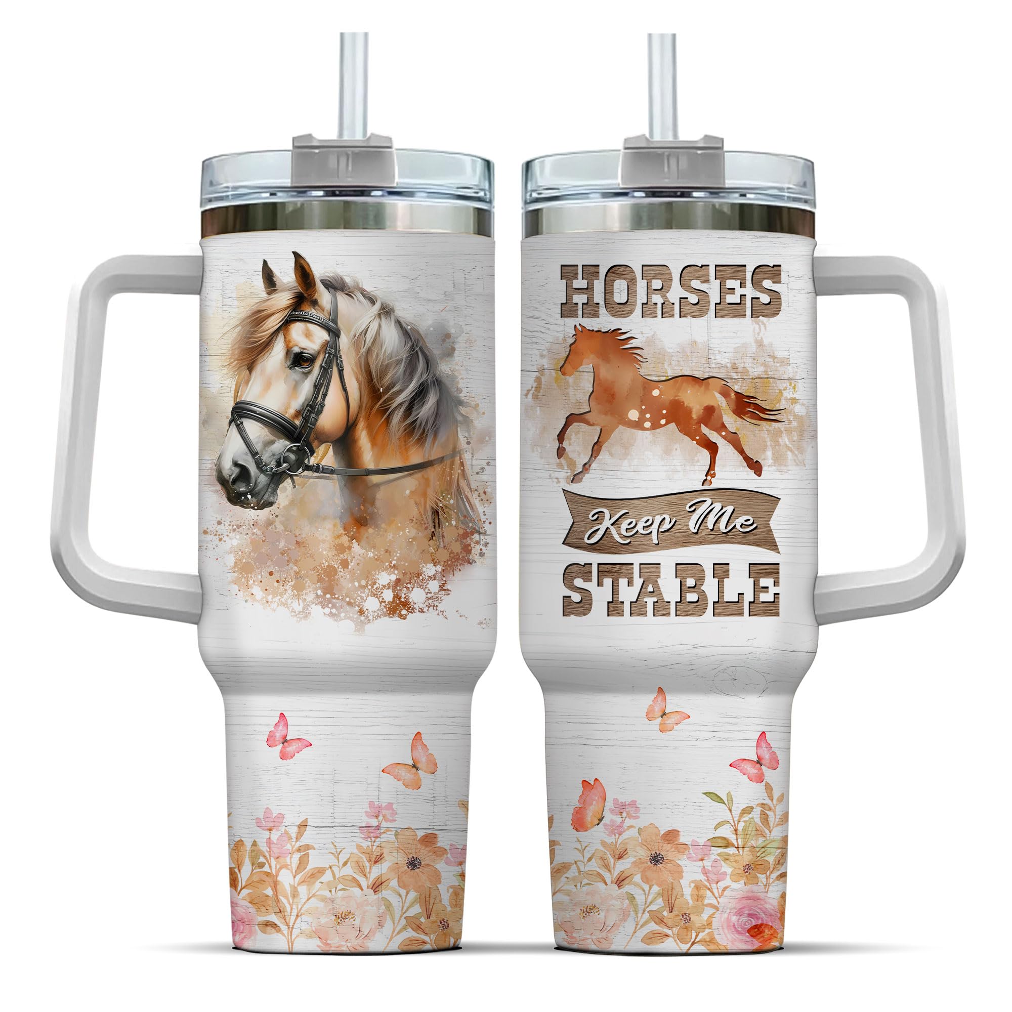 99WHALE Horse Stable Watercolor Floral, Tumbler 40 Oz With Handle Lid And Straw, For Keep Handle Coffee Me Cups Women Lovers Horses Tumblers Flower, Horse Gifts