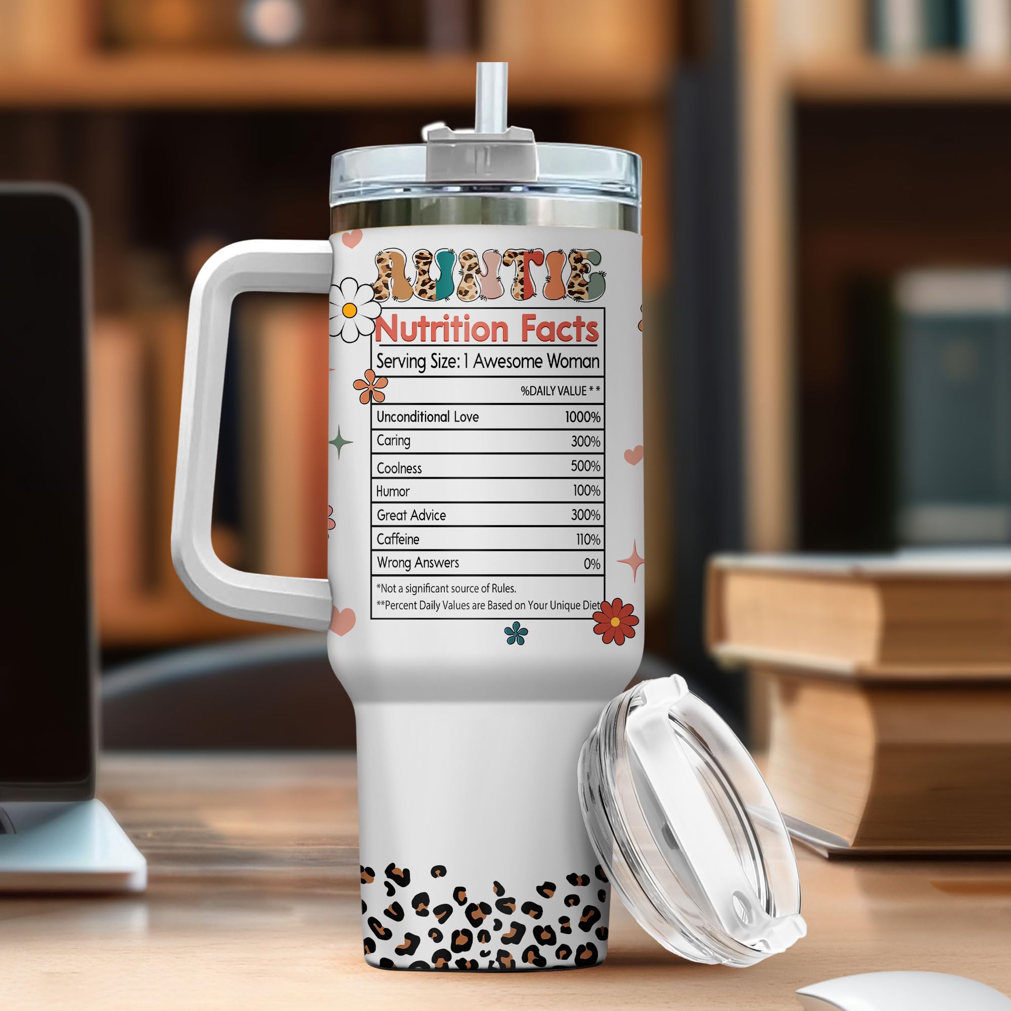 99OWL Cool Aunts Retro Leopard Nutrition Facts, Gift Daisy Black Handle Cups Print Heart Auntie Coffee For, Tumbler 40 Oz With Handle Lid And Straw, Aunt Gifts