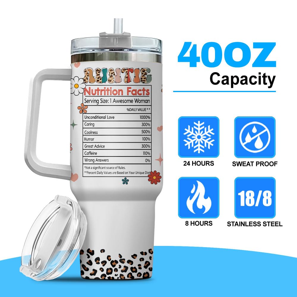 99OWL Cool Aunts Retro Leopard Nutrition Facts, Gift Daisy Black Handle Cups Print Heart Auntie Coffee For, Tumbler 40 Oz With Handle Lid And Straw, Aunt Gifts