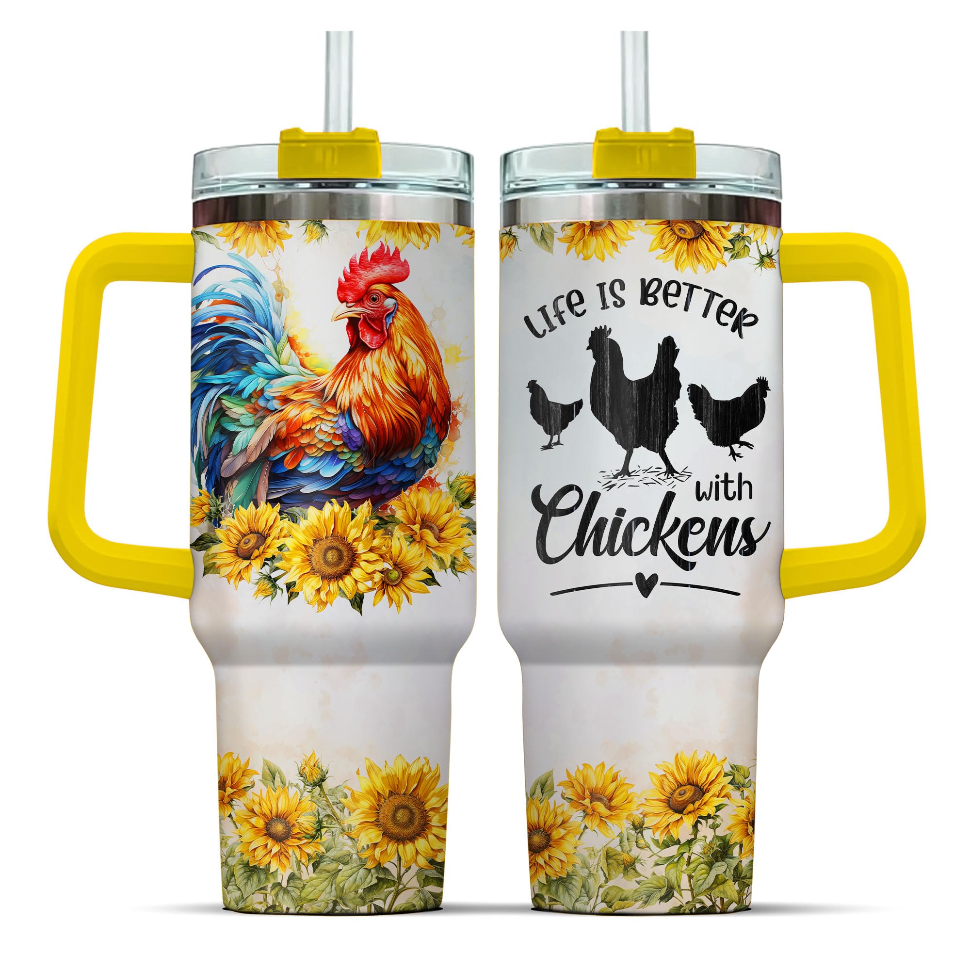 99WHALE Chicken Life Better Sunflower, Cups Handle Swig Tumblers Yellow Women Spring Breed Coffee Lovers For Is Good, Tumbler 40 Oz With Handle Lid And Straw, Chicken Gifts