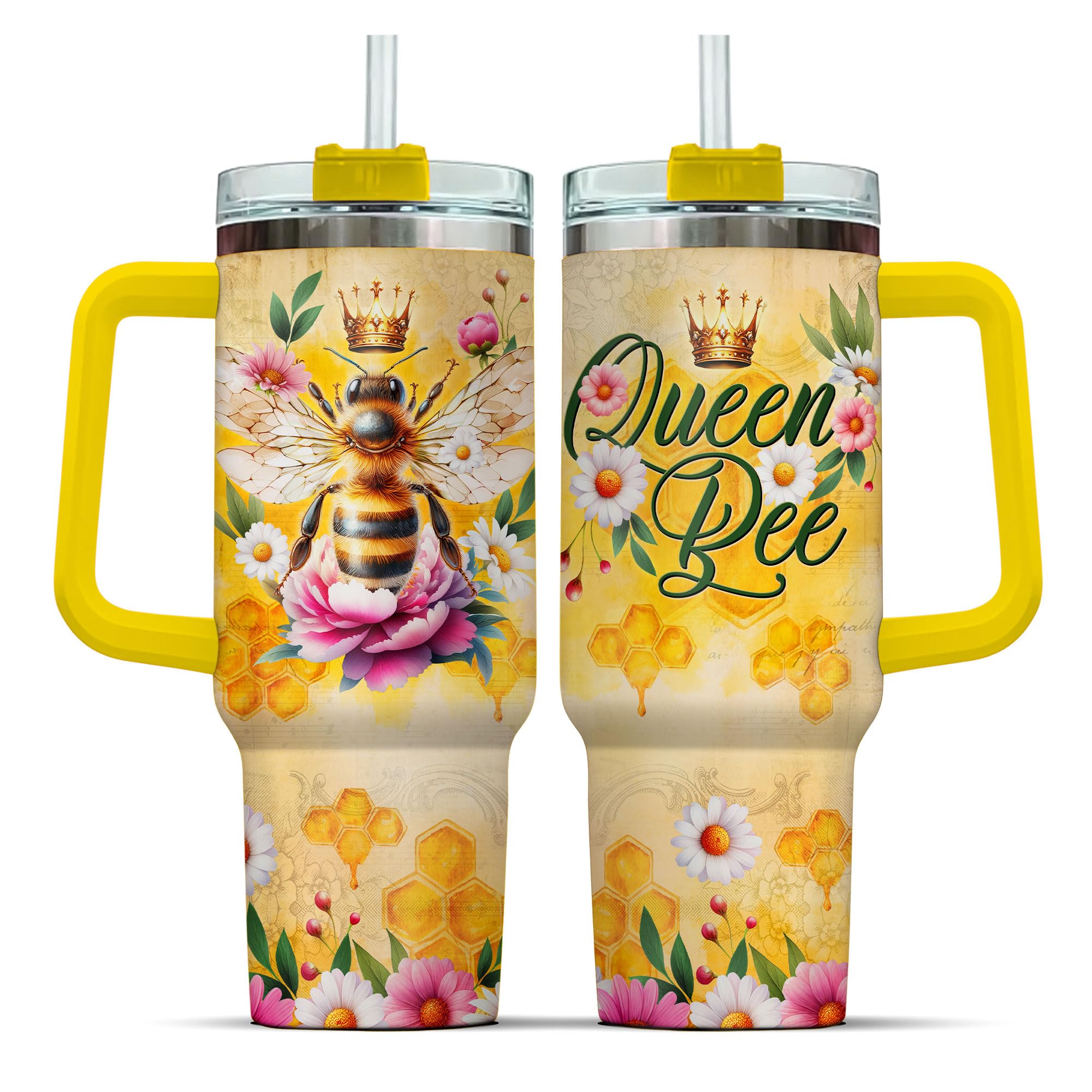 99OWL Tumbler 40 Oz With Handle Lid And Straw, Queen Bee Crown Floral, Bee Gifts, Flower Tumblers Handle Daisy Yellow, Bee Double Wall Vacuum Floral Coffee Hot And Iced Yellow