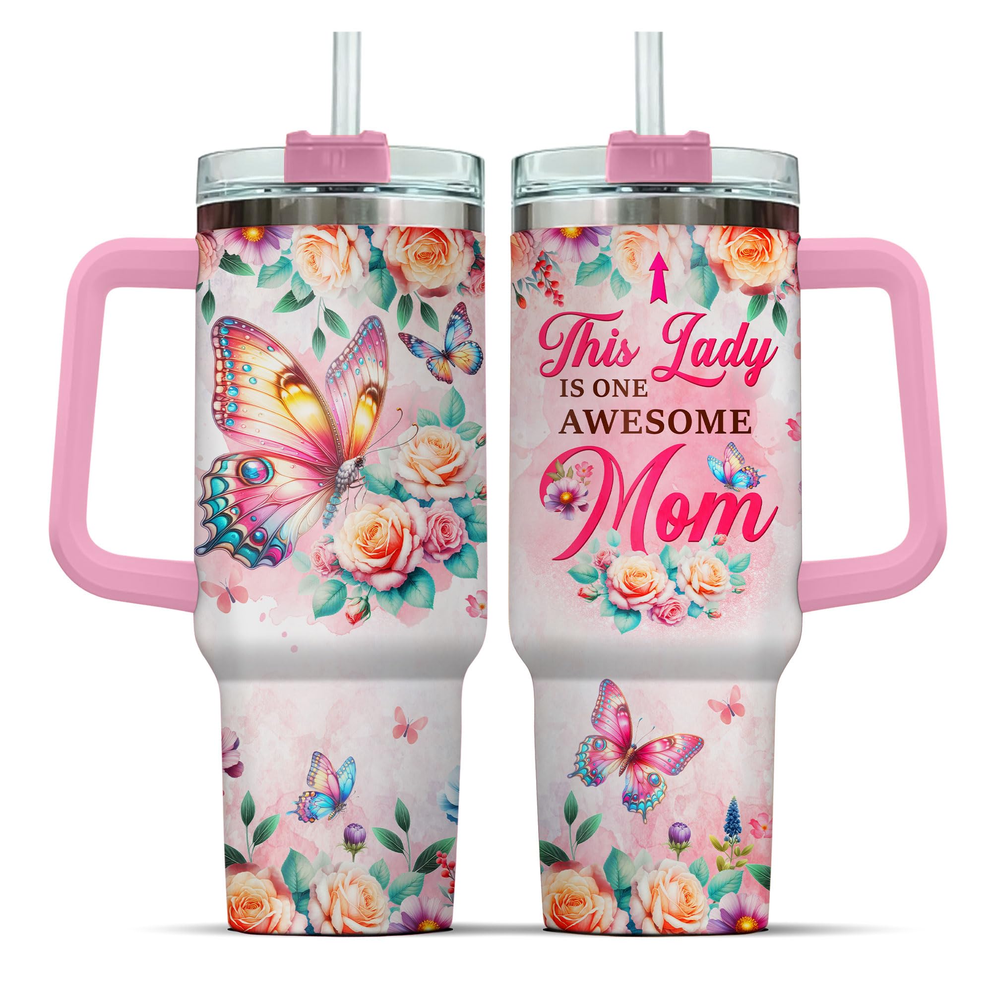 99OWL Mom Gifts, Tumbler 40 Oz With Handle Lid And Straw, Lady Mom Colorful Butterfly Floral, Coffee Tumblers Mommy Red Day Handle Primrose To Funny Flower Parade Eleven Cups