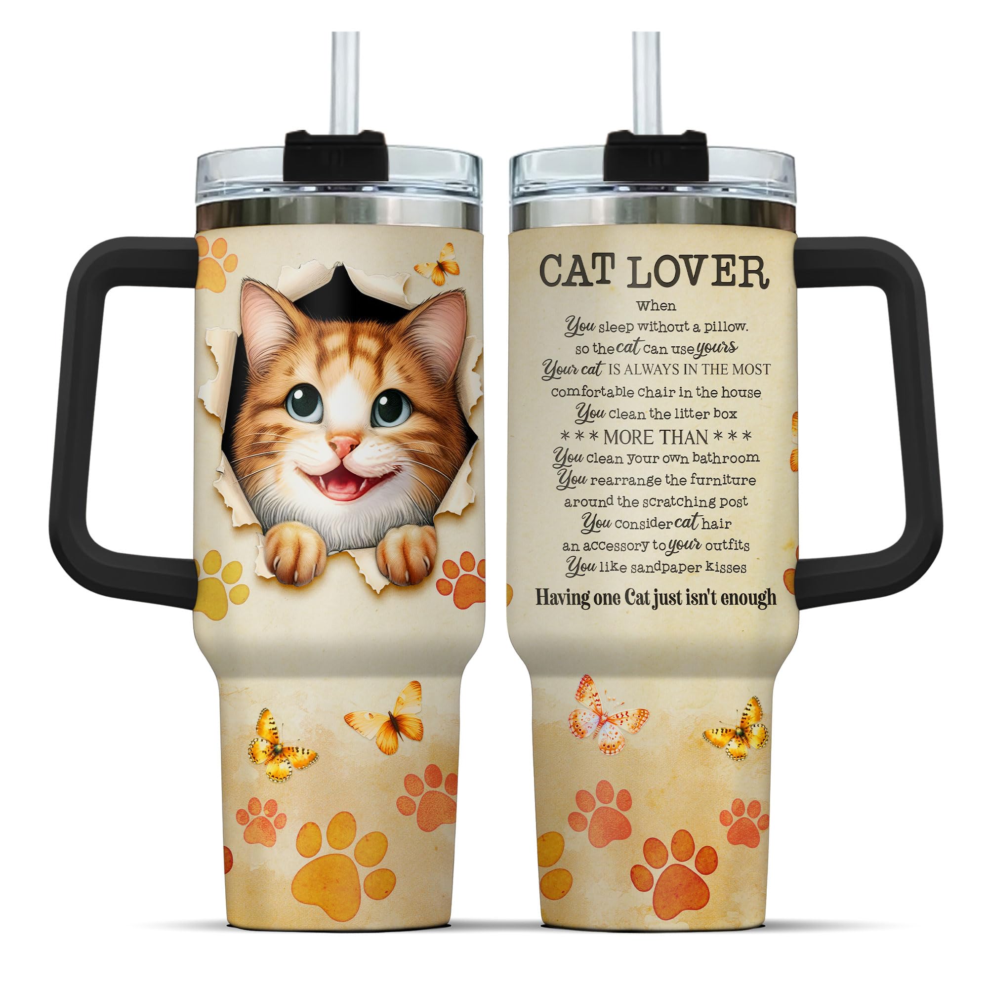 99OWL Funny Adults Tumblers Yellow For Women Insulated Coffee Brown Handle Cup Butterfly Cute Lovers Cups, Cat Gifts, Tumbler 40 Oz With Handle Lid And Straw, Cat Paw Lover